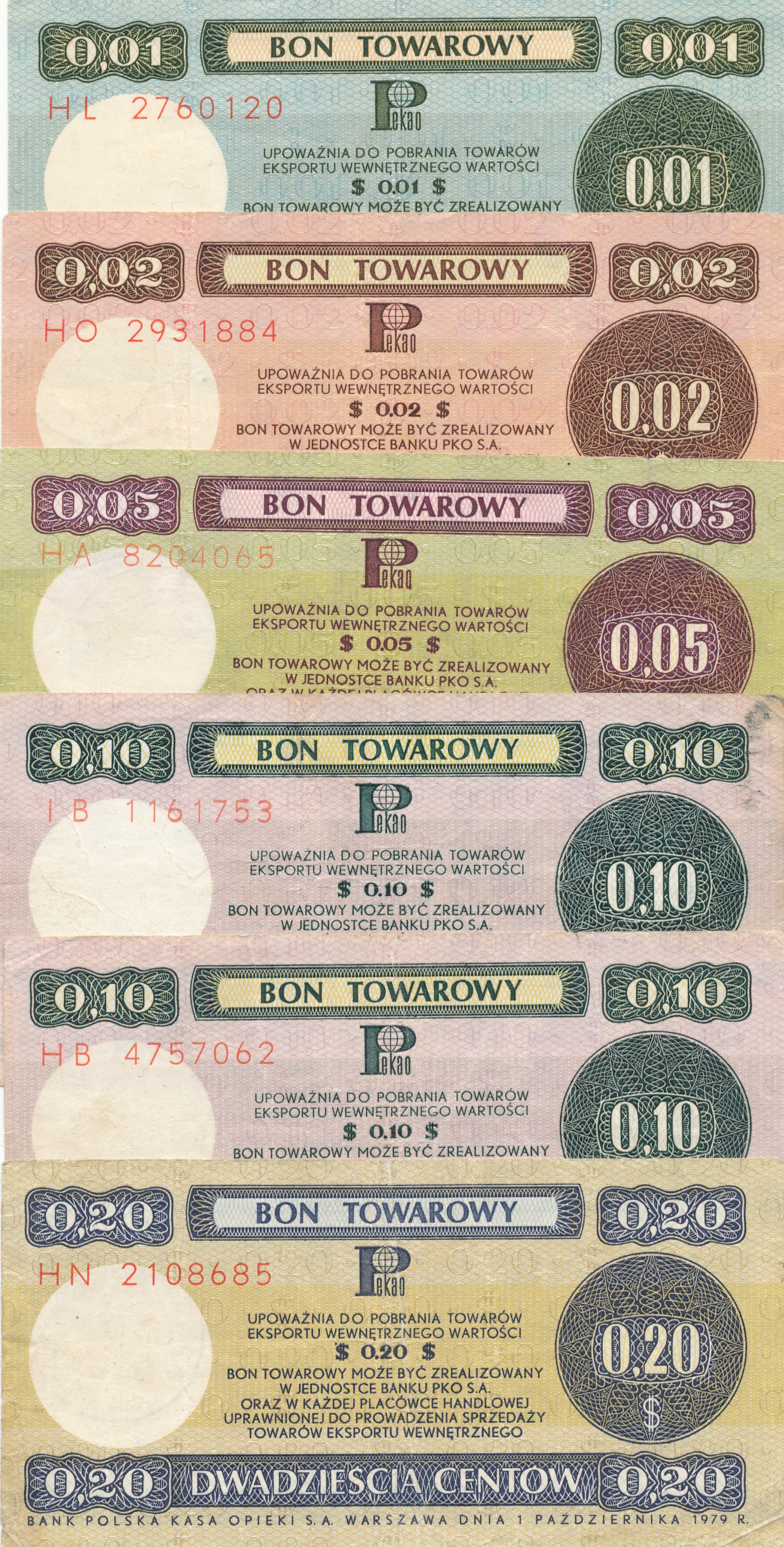 Pewex Bon Towarowy, zestaw 6 szt. 1, 2, 5 i 20 centów 1979 - Aukcja ...