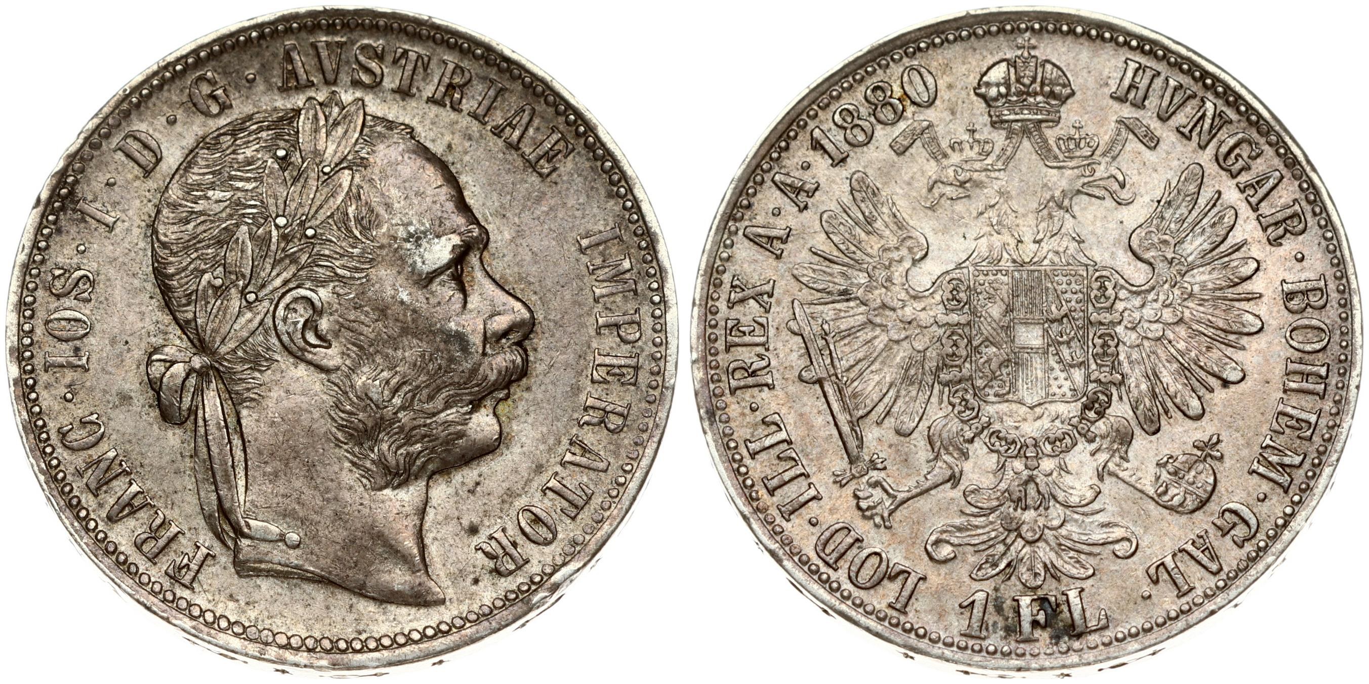 Austria 1 Florin 1880 Franz Joseph I(1848-1916). Obverse: Laureate head ...