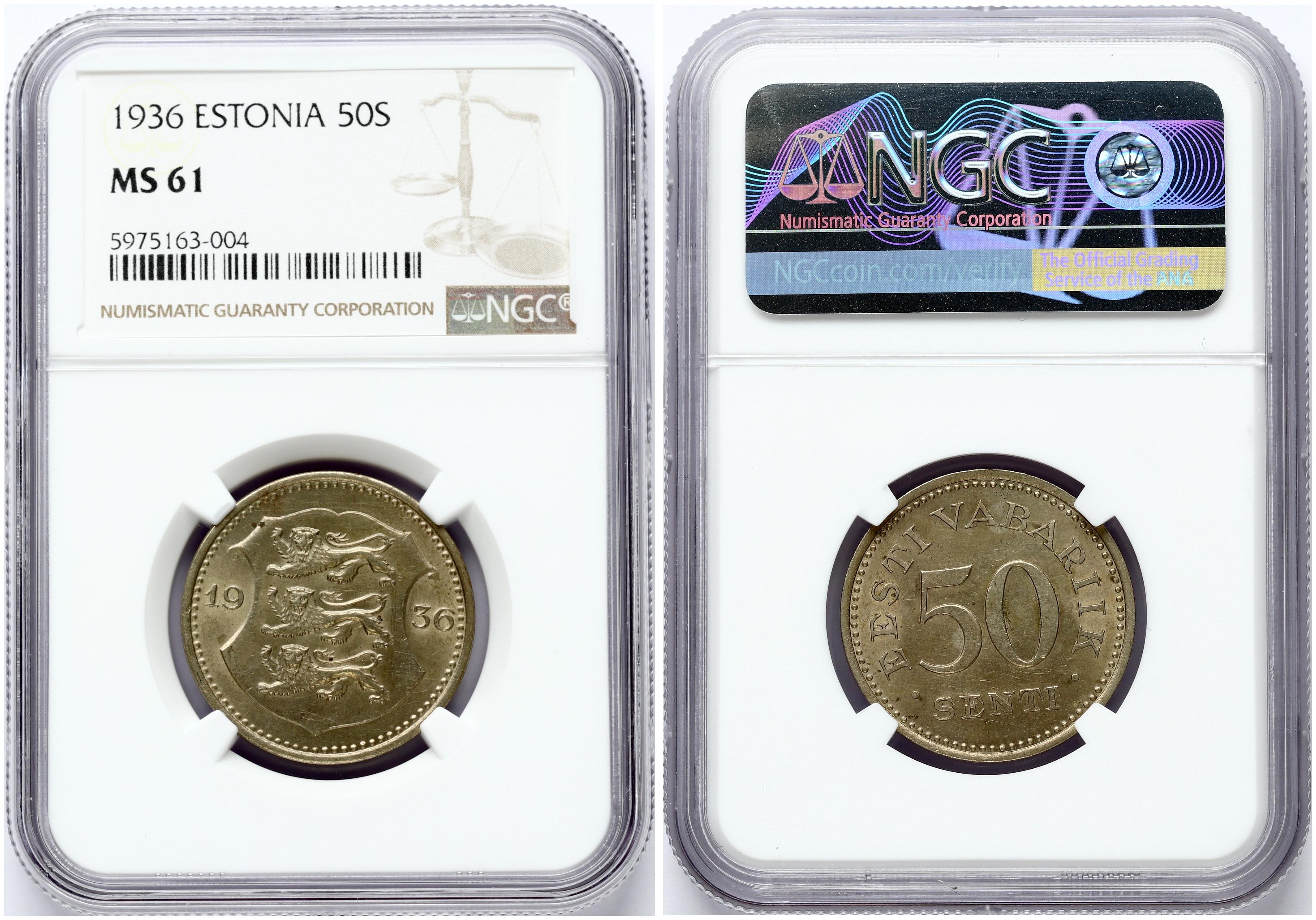Estonia 50 Senti 1936 Obverse: National arms divide date. Reverse: Denomination. Edge ...