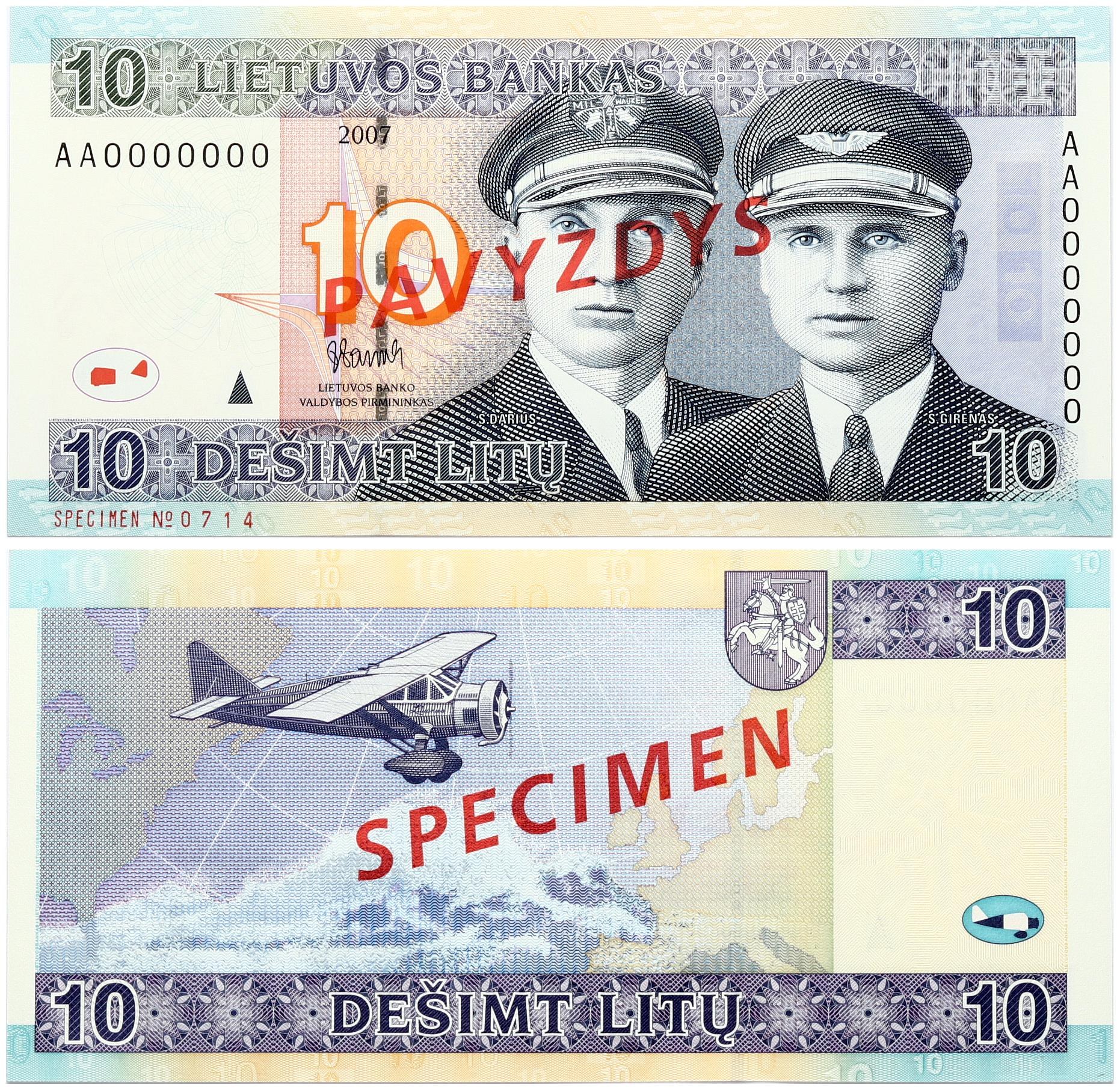 Lithuania 10 Litų 2007 Banknote PAVYZDYS/SPECIMEN. Obverse: Two pilots ...