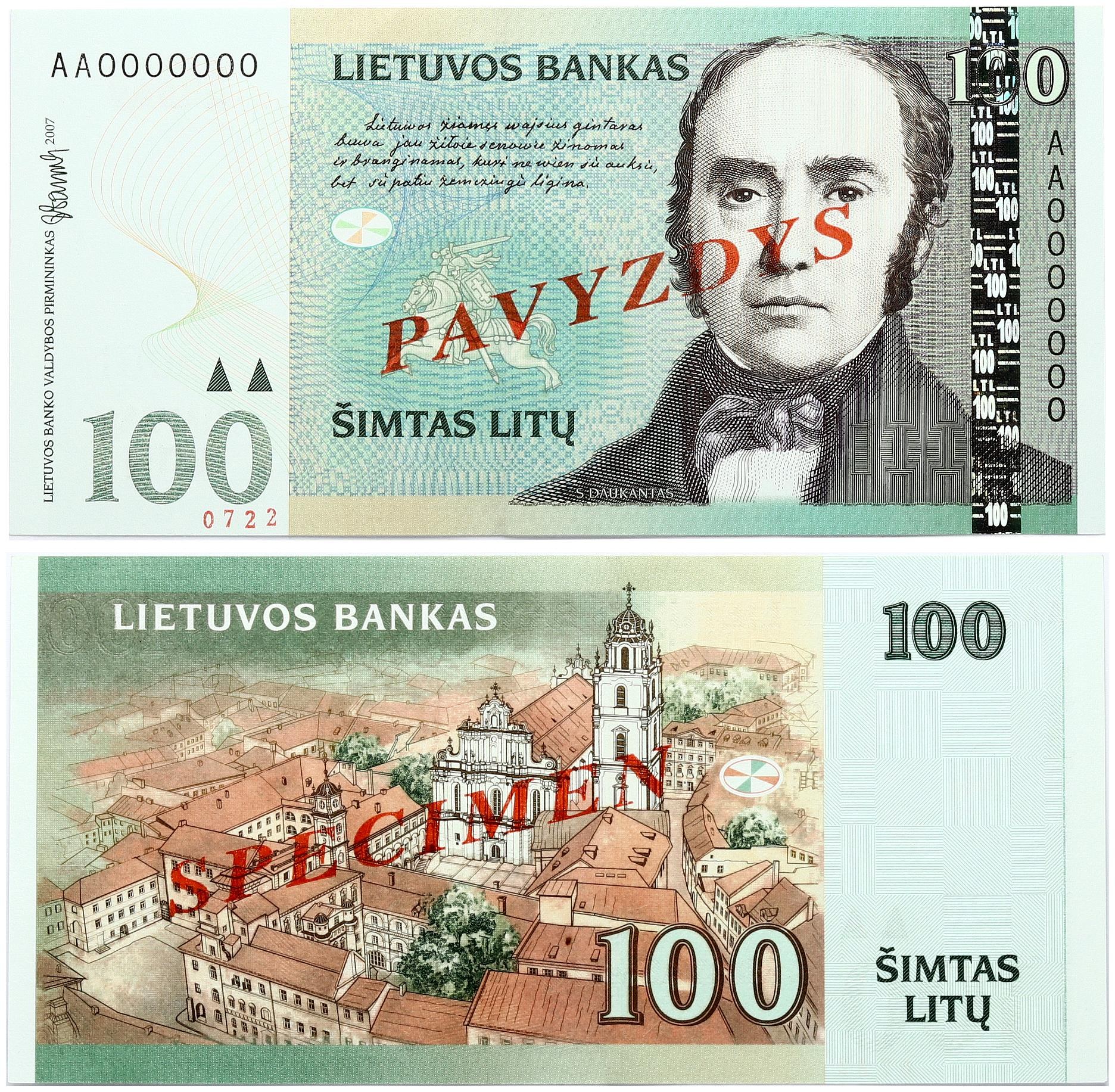 Lithuania 100 Litų 2007 Banknote PAVYZDYS/SPECIMEN. Obverse: Portrait ...