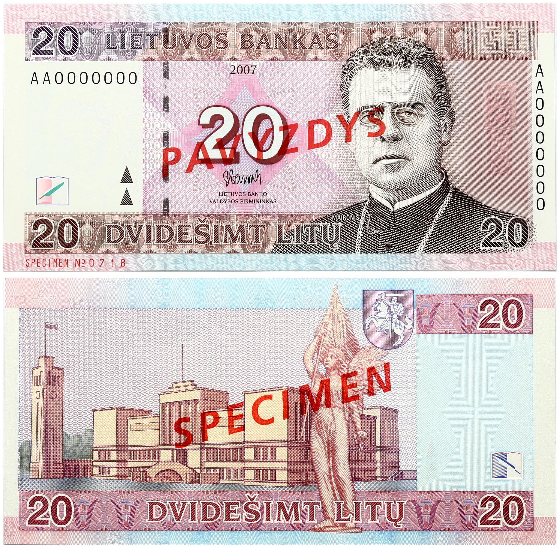 Lithuania 20 Litų 2007 Banknote PAVYZDYS/SPECIMEN. Obverse: Portrait of ...