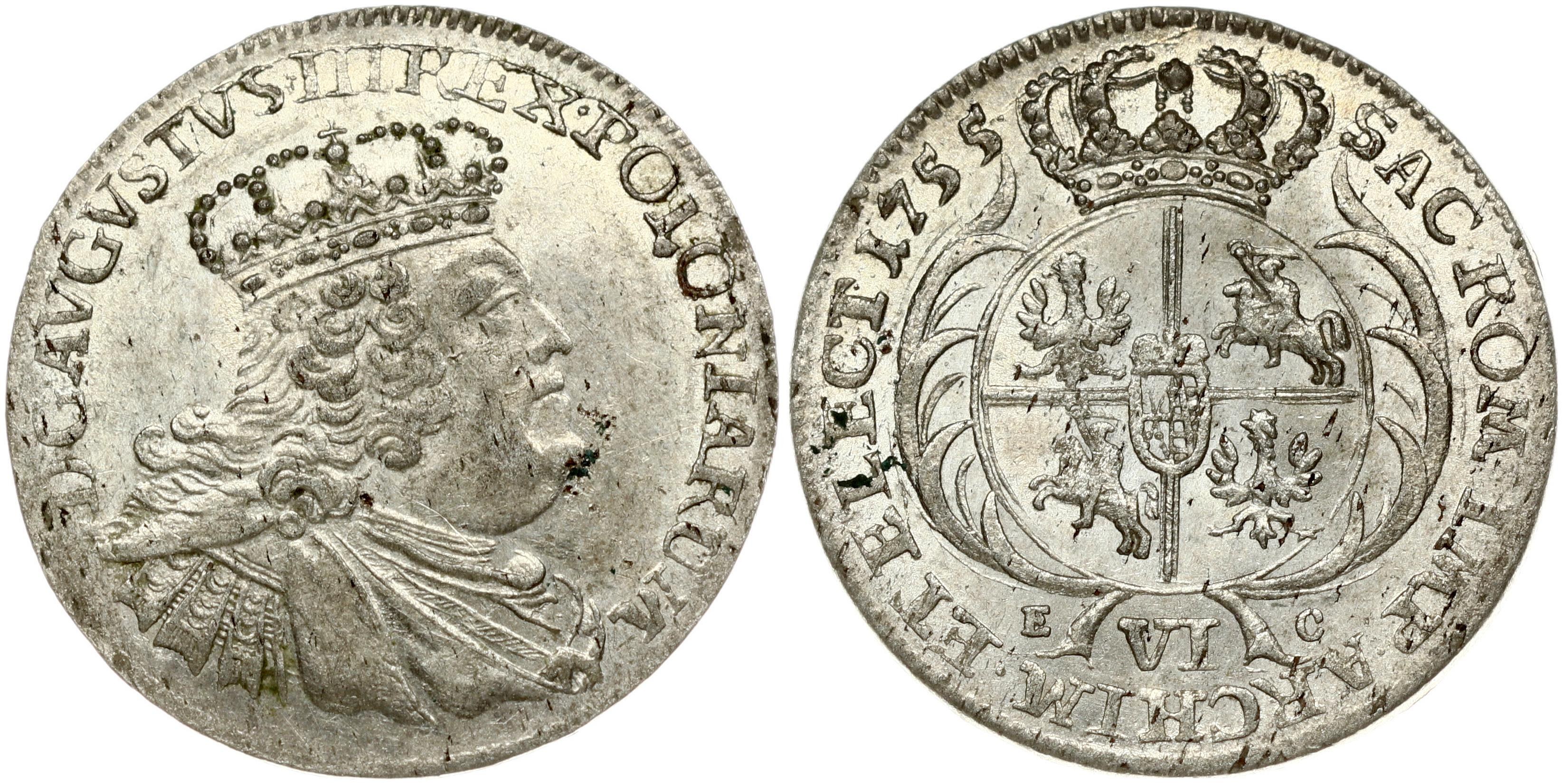Poland 6 Groszy 1755 EC August III(1733-1763). Obverse: Large crowned ...