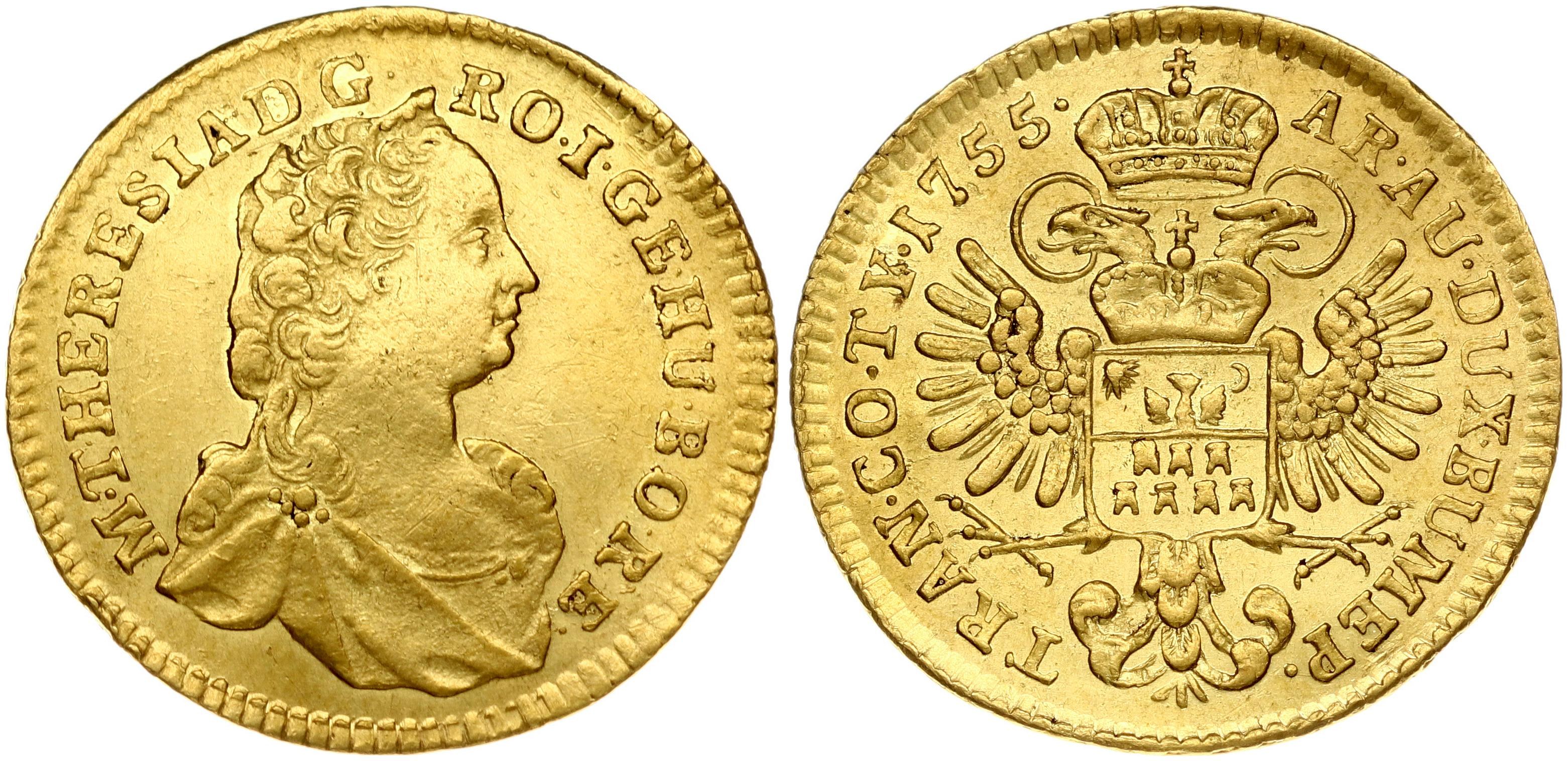 Transylvania 1 Ducat 1755 Maria Theresia (1740-1780). Obverse: Bust of ...