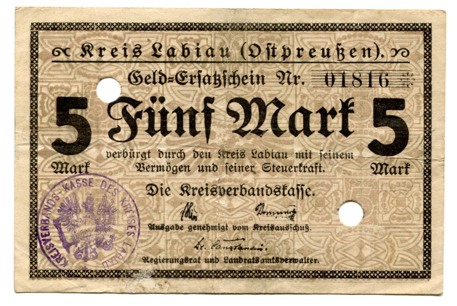 Germany - Empire East Prussia Kreis Labiau 5 Mark 1918 - Aukcja ...