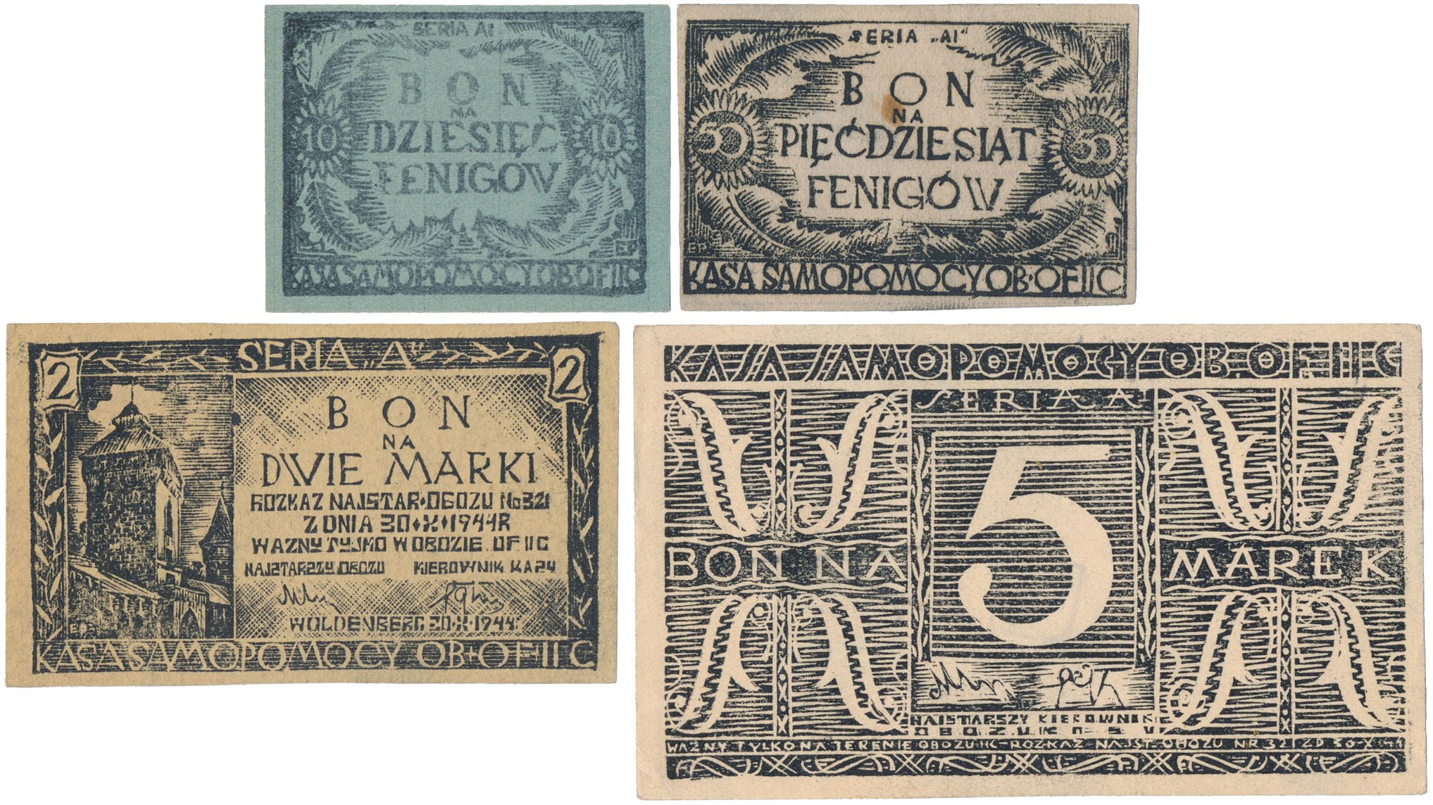 Oflag II C Woldenberg, 10, 50 fenigów, 2 i 5 marek (1944) - zestaw ...