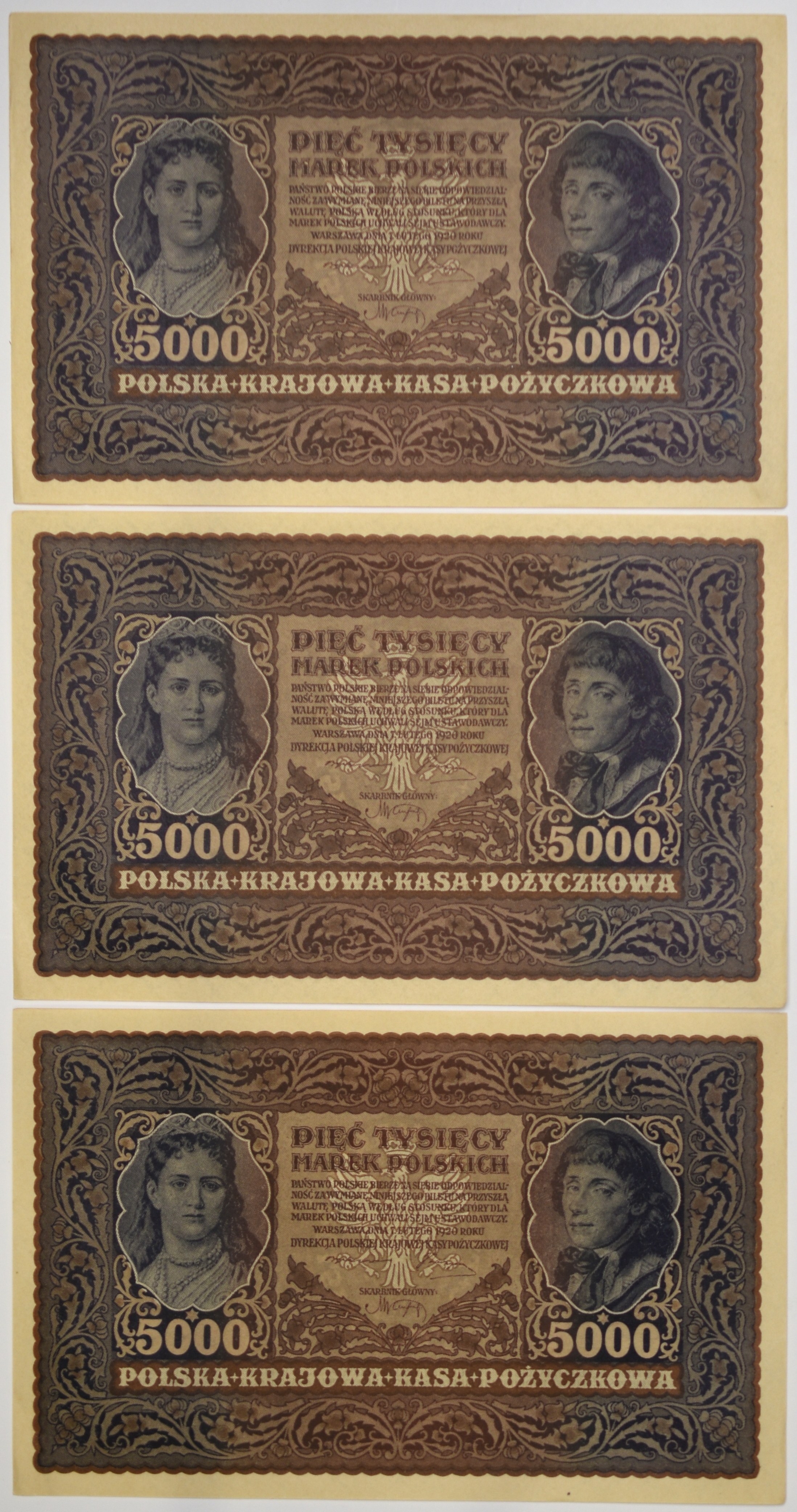 II RP, 5000 marek polskich 1920 III SERJA G - Zestaw 3 egzemplarze - Aukcja internetowa ...