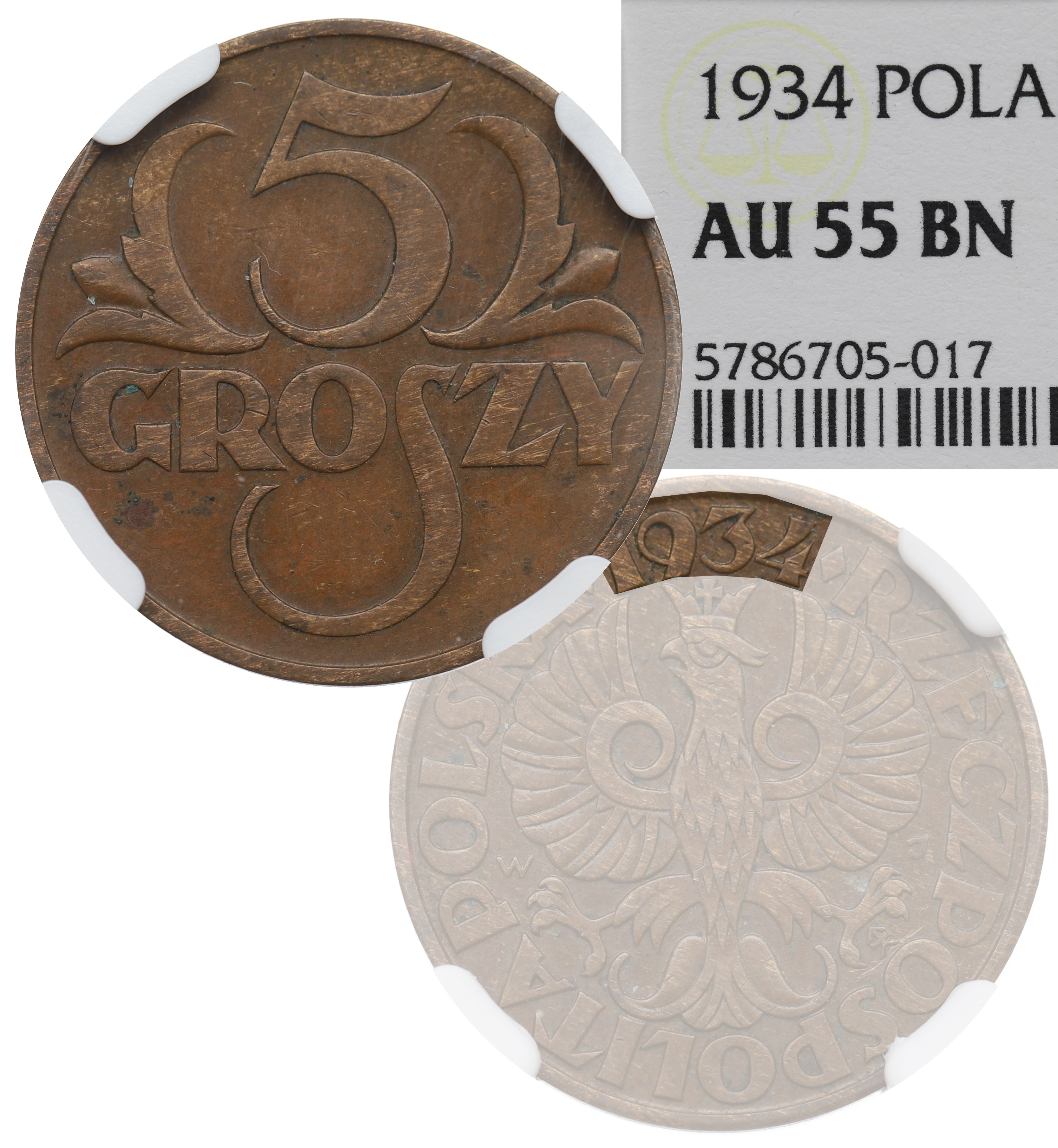 II RP, 5 groszy 1934 - NGC AU55 BN - Aukcja internetowa / Licytacja online - Cena - OneBid