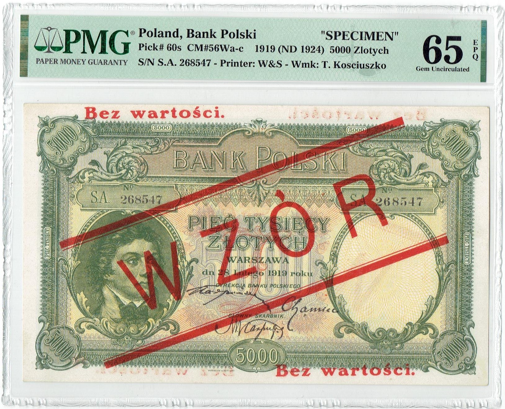 5.000 złotych 1919, WZÓR - wysoki nadruk - PMG 65 EPQ - Aukcja internetowa / Licytacja online ...