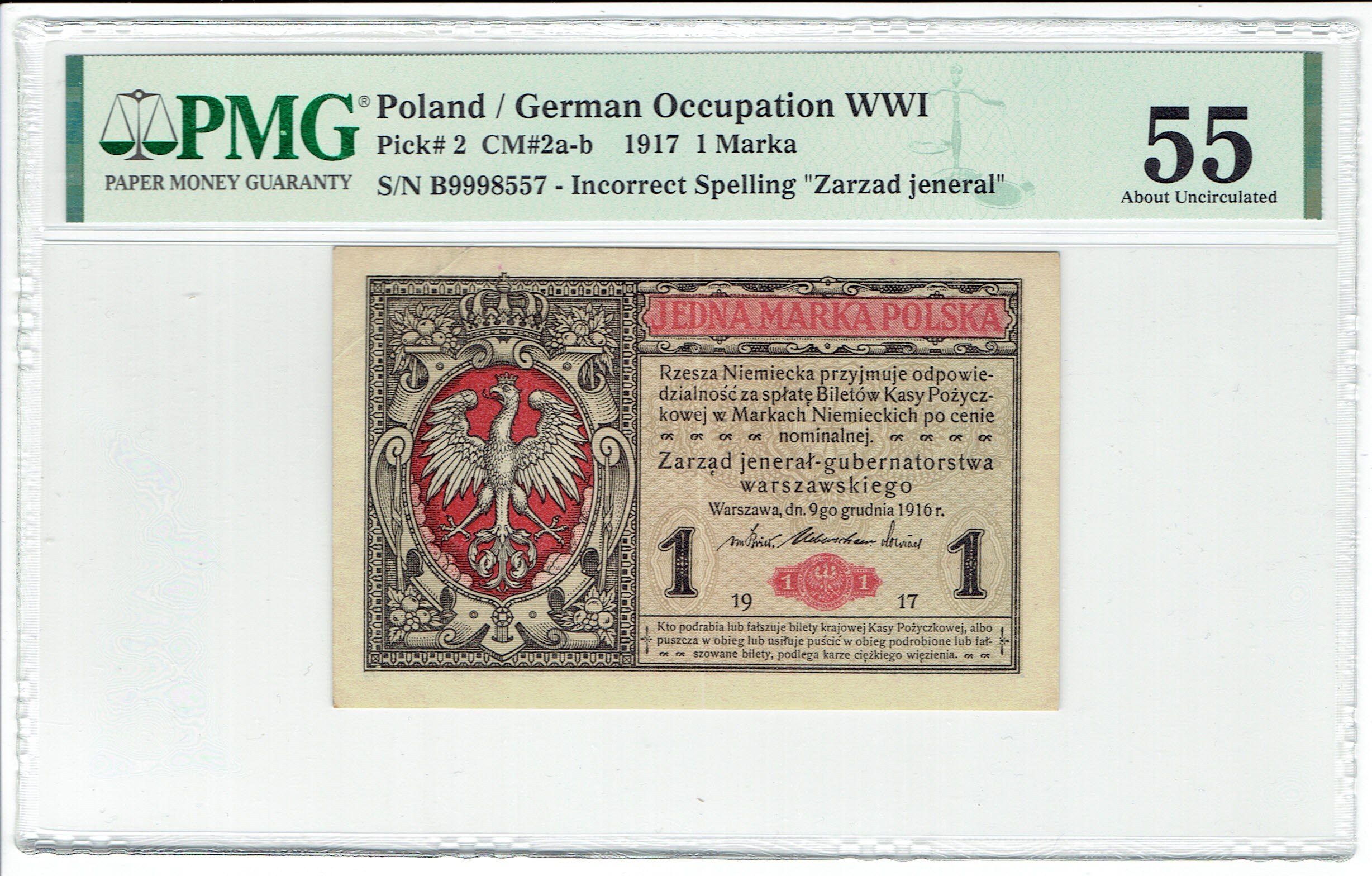 GG, 1 mkp 1916 Jenerał - B - PMG 55 RZADKOŚĆ - Aukcja internetowa / Licytacja online - Cena - OneBid