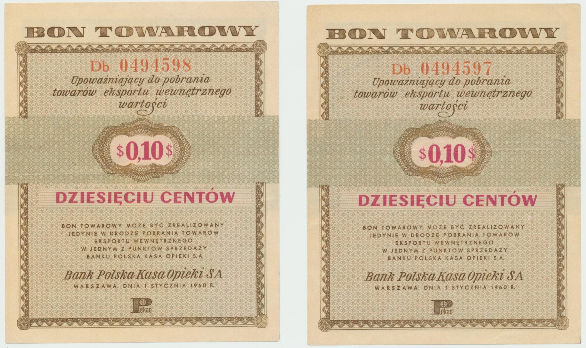 Pewex, Bon Towarowy, 10 centów 1960 Db - zestaw dwóch egzemplarzy ...