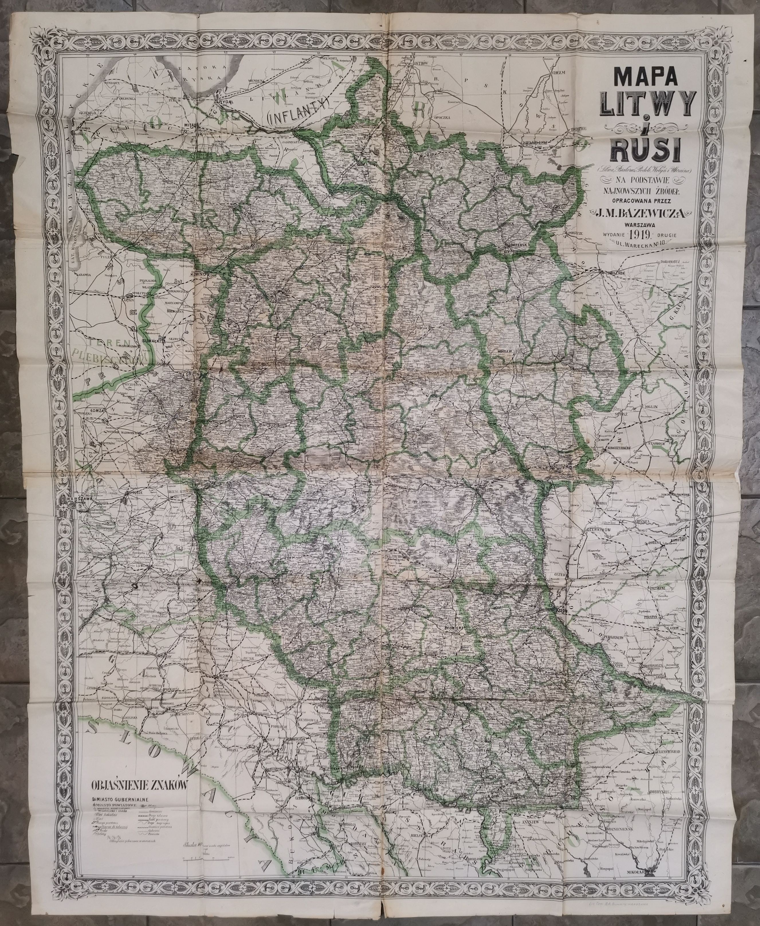 [Lithuania] Map of Lithuania and Ruthenia, Bazewicz 1919. [wall map ...