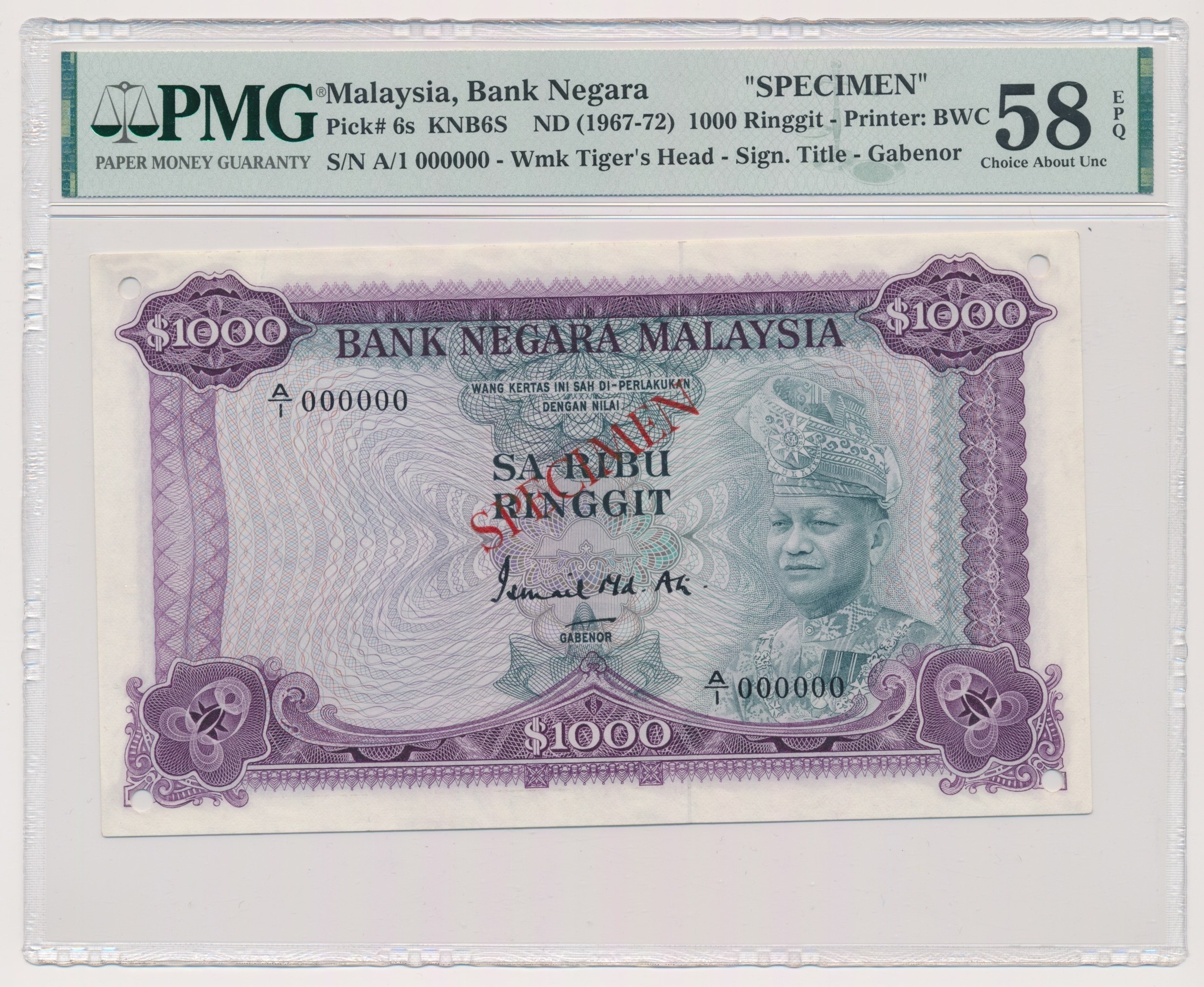 Malaysia, 1000 Ringgit ND (1967-72) - SPECIMEN - Online auction ...