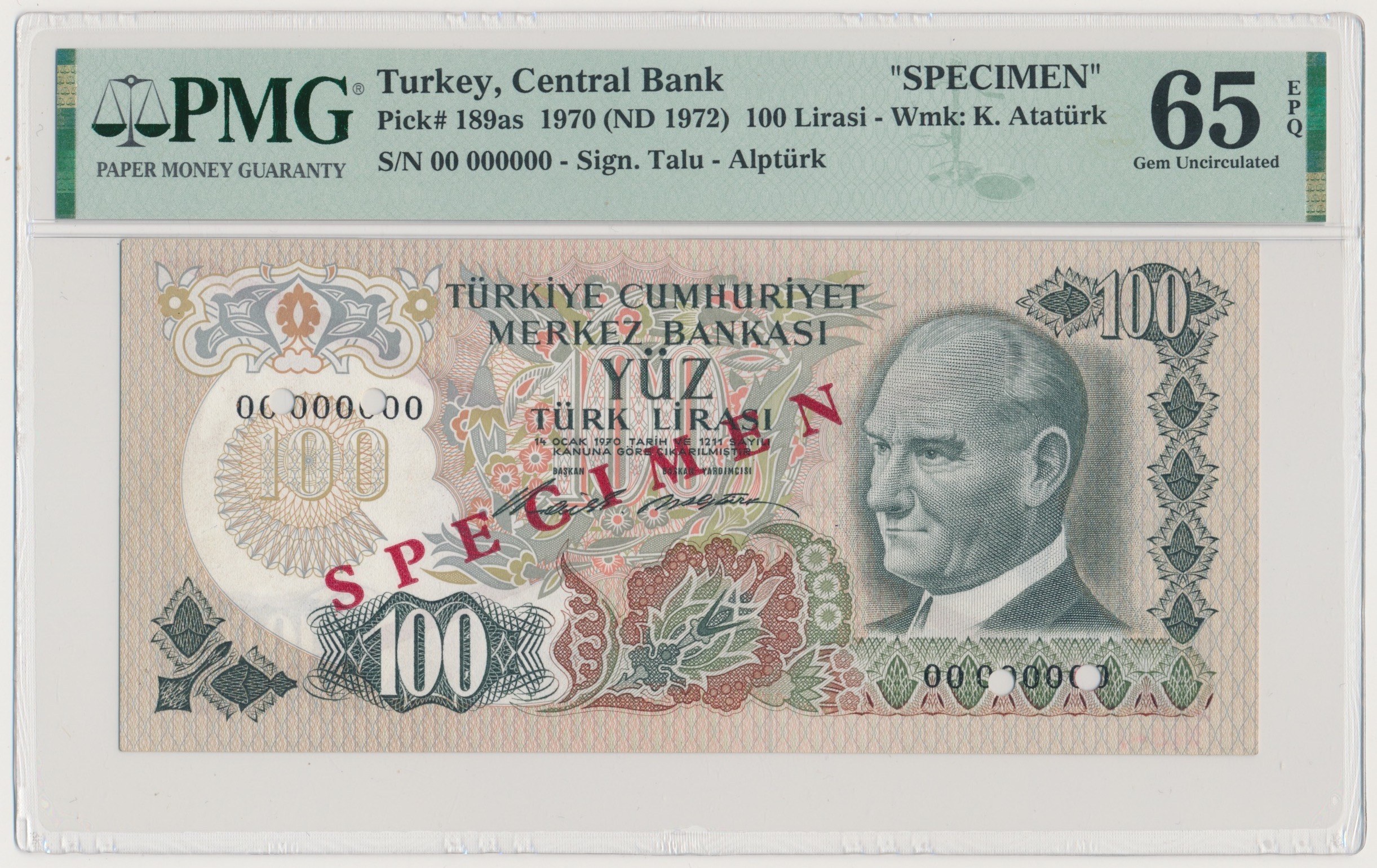 Turkey, SPECIMEN 100 Lirasi 1970 (ND 1972) - Online auction / Online ...