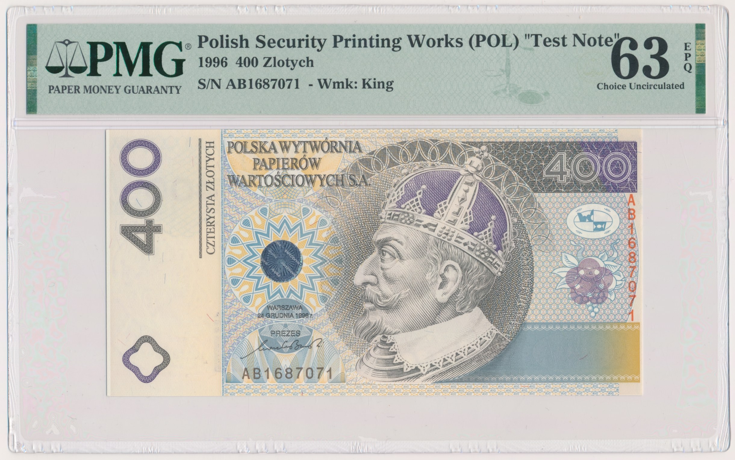 PWPW, 400 złotych 1996 - AB - WZÓR na rewersie - PMG 63 EPQ - Aukcja ...