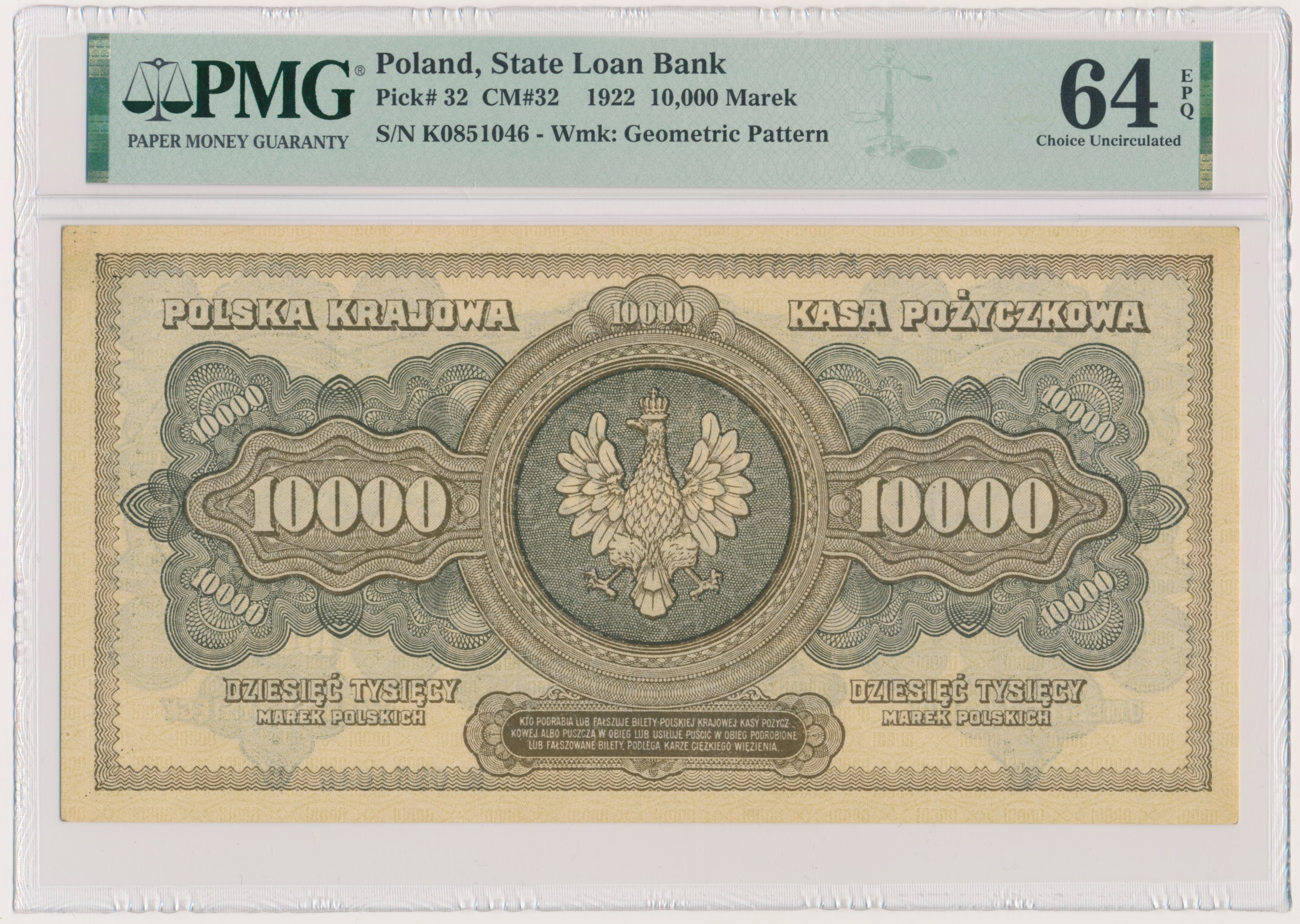 10.000 marek 1922 - K - PMG 64 EPQ - Aukcja internetowa / Licytacja online - Cena - OneBid
