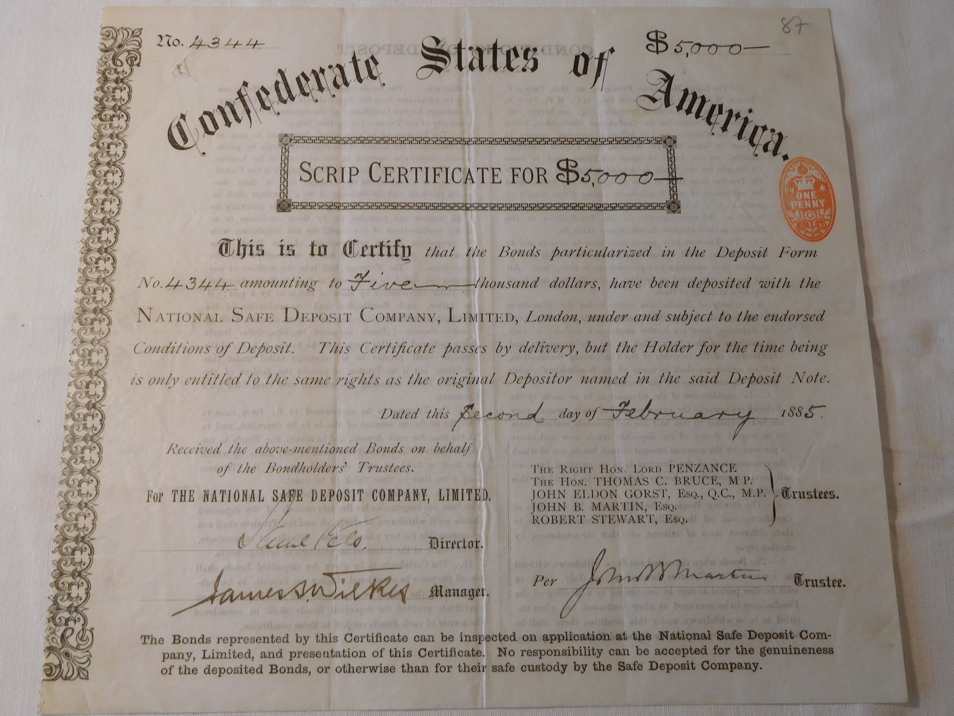 1885. CONFEDERATE STATES OF AMERICA SCRIP CERTIFICATE 2 II 1885 ...
