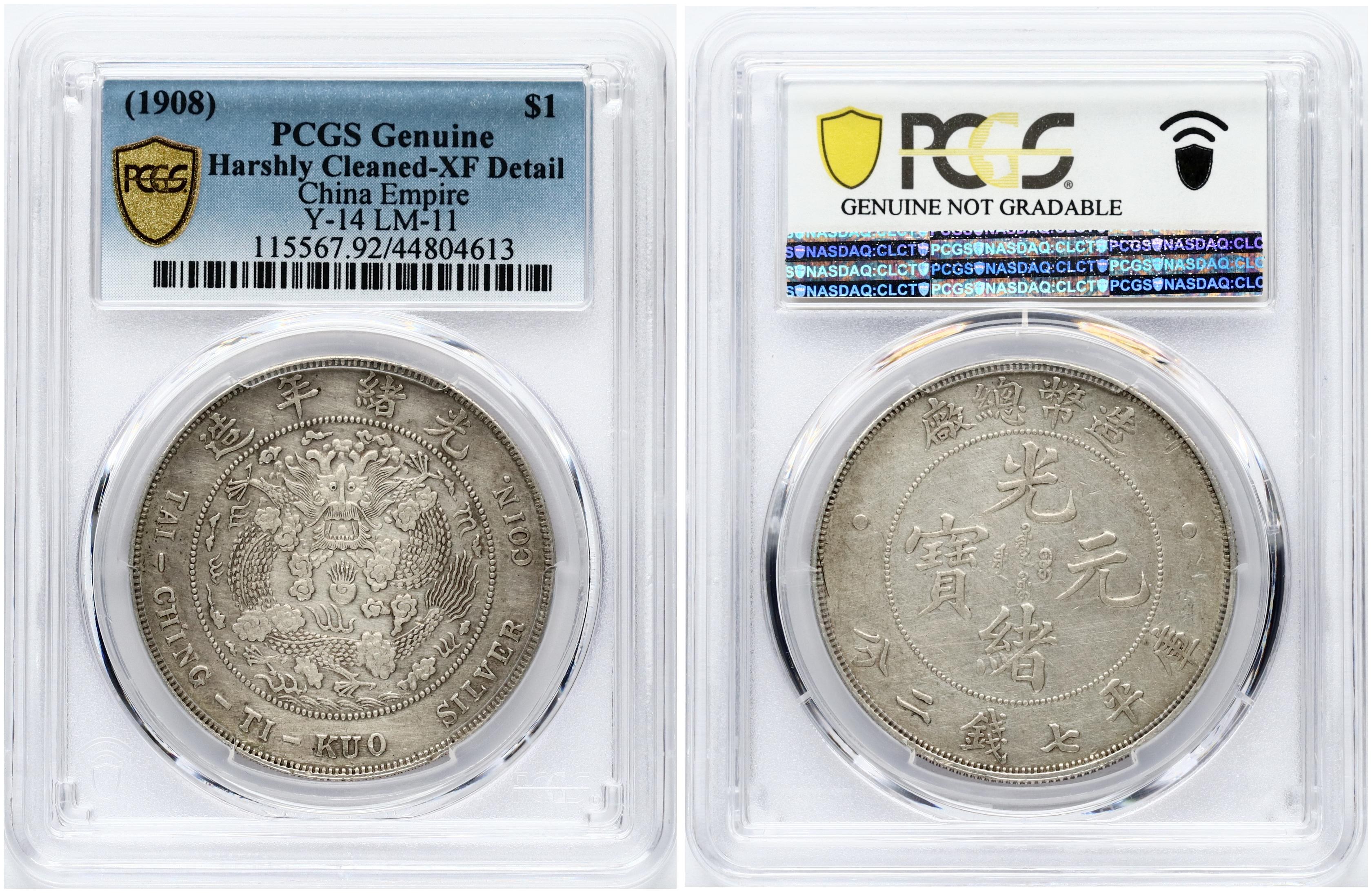 China Empire 1 Yuan (1908) Guangxu (1875-1908). Obverse: Four Chinese ...