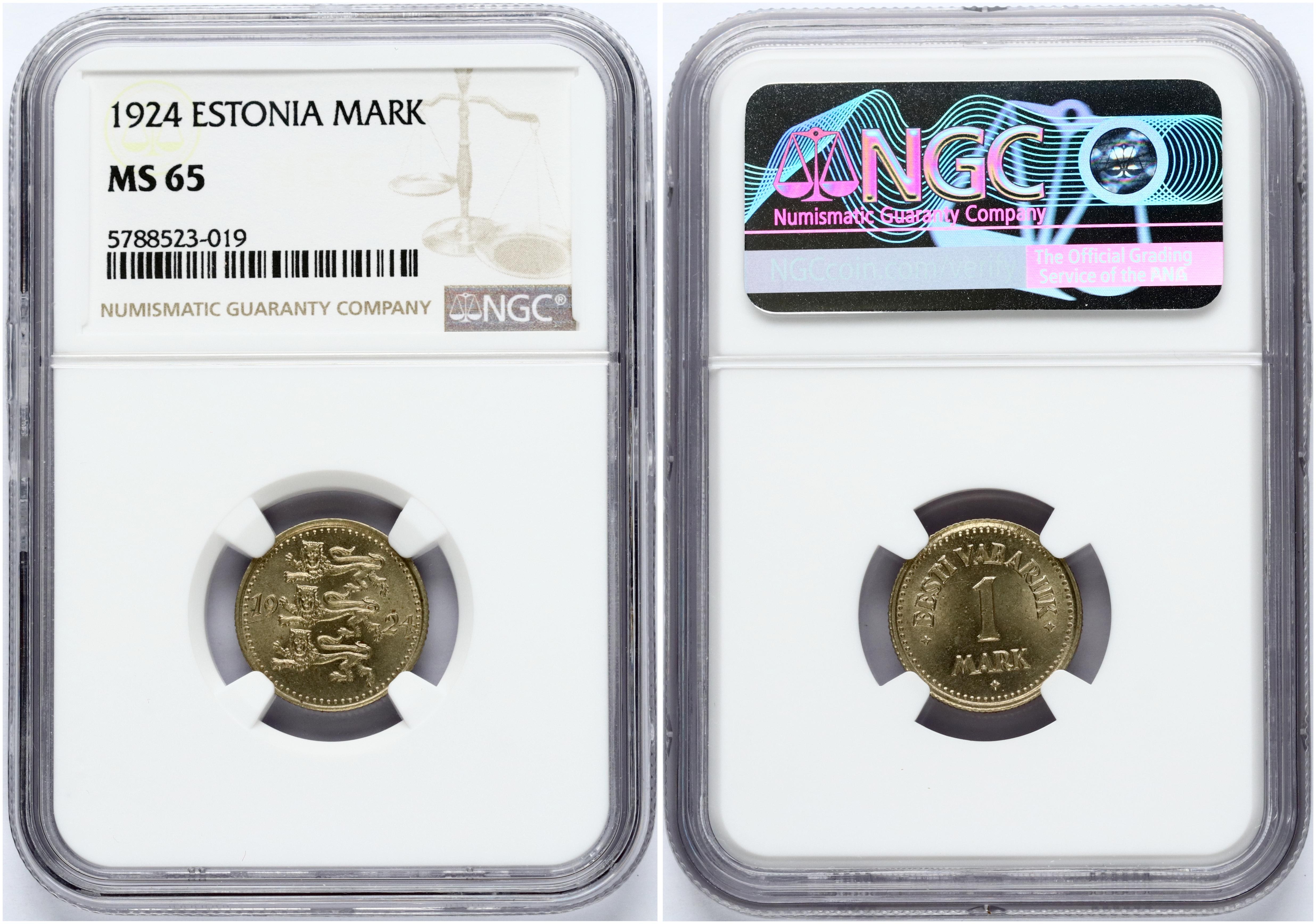 Estonia 1 Mark 1924 Obverse: Three leopards left divide date. Reverse ...