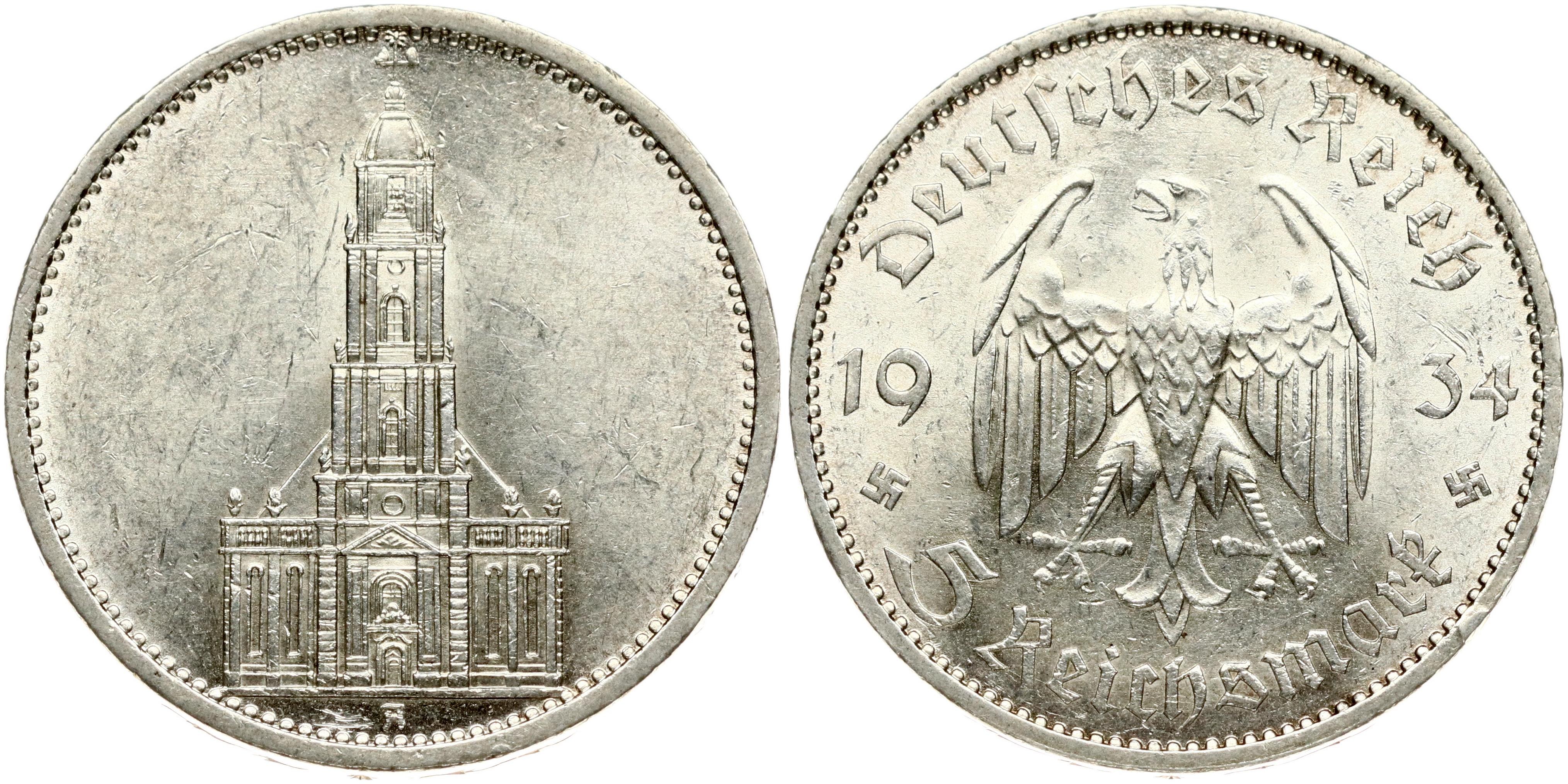 Germany Third Reich 5 Reichsmark 1934A Potsdam Garrison Church. Obverse ...