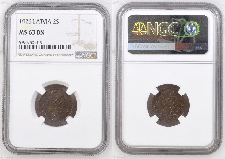 Latvia 2 Santimi 1926. Obverse: National arms above ribbon. Reverse ...