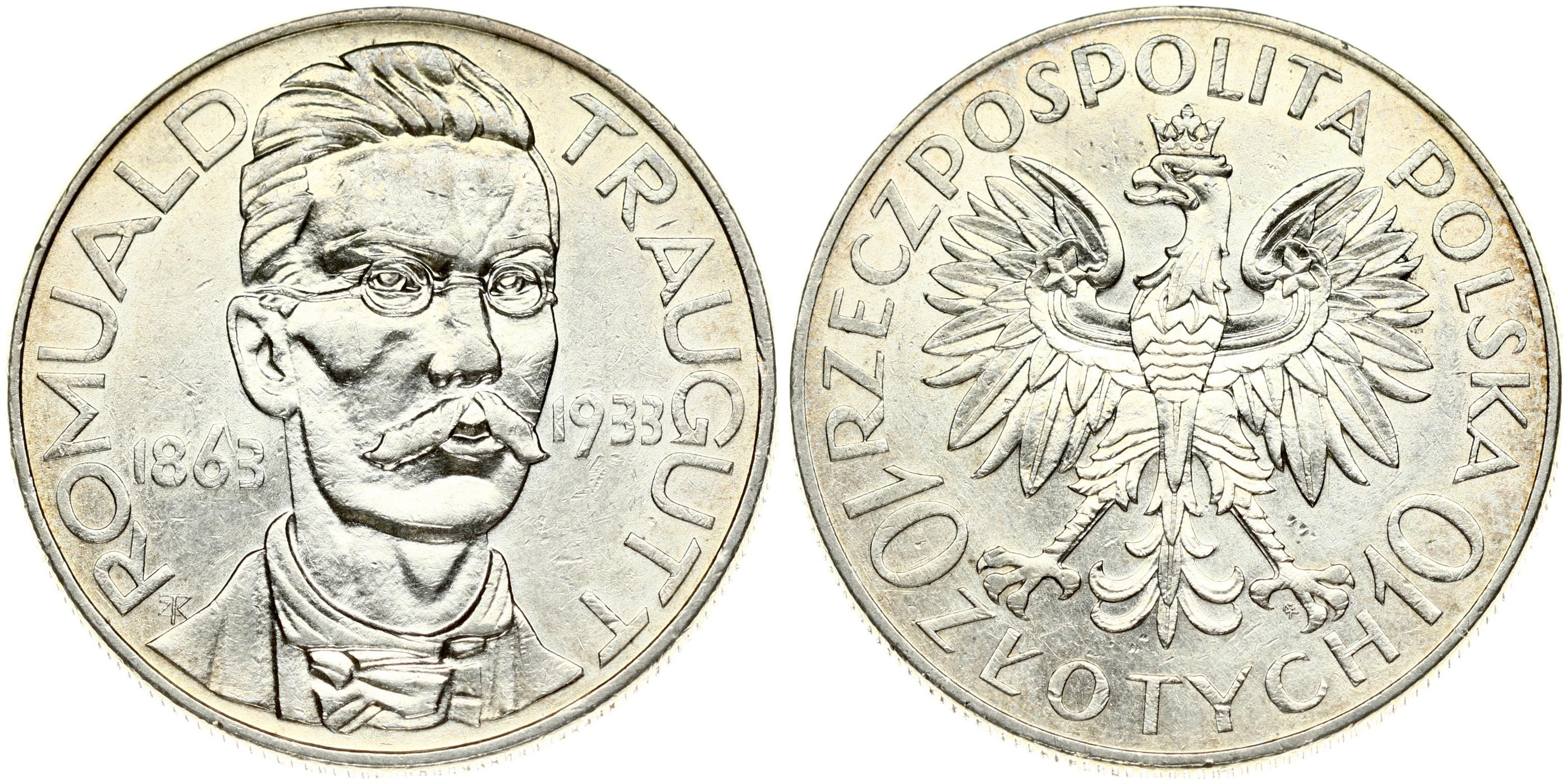 Poland 10 Zlotych 1933 Romuald Traugutt; 70th Anniversary of 1863 Insurrection. Obverse legend ...