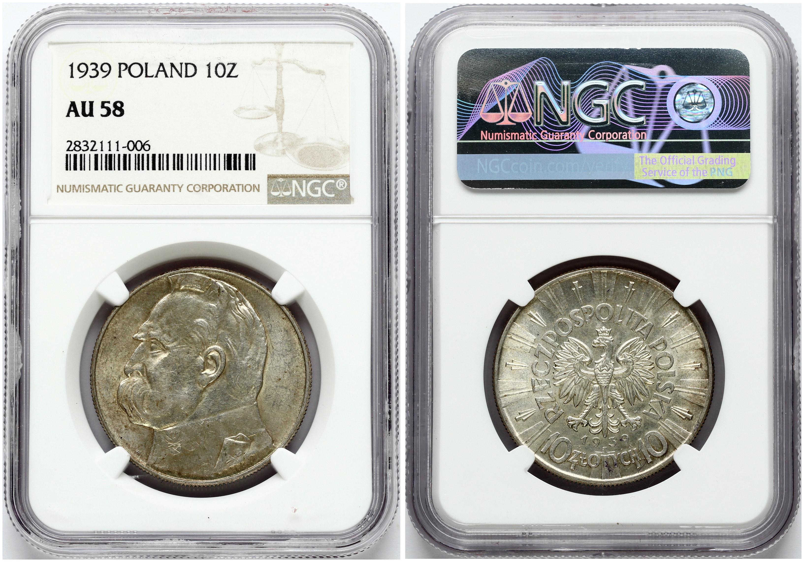 Poland 10 Zlotych 1939 (w) Obverse: Radiant crowned eagle. Reverse: Head of Jozef Pilsudski left ...