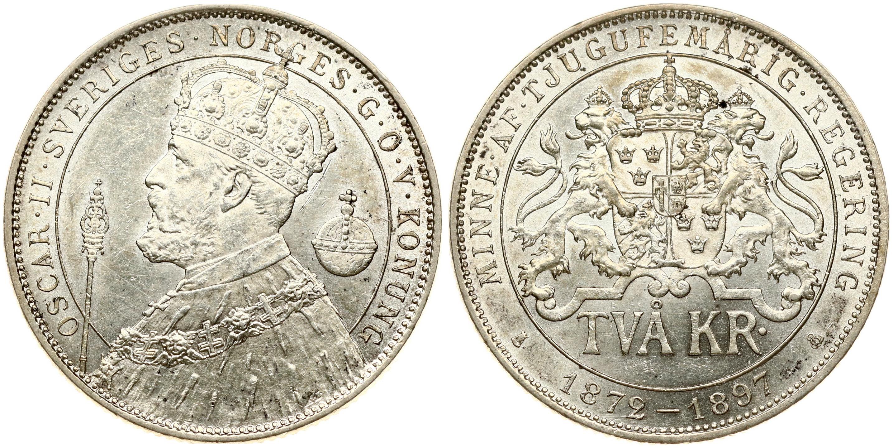 Sweden 2 Kronor (1897) EB 25th Anniversary of the Reign of King Oscar II. Oscar II (1872-1907 ...