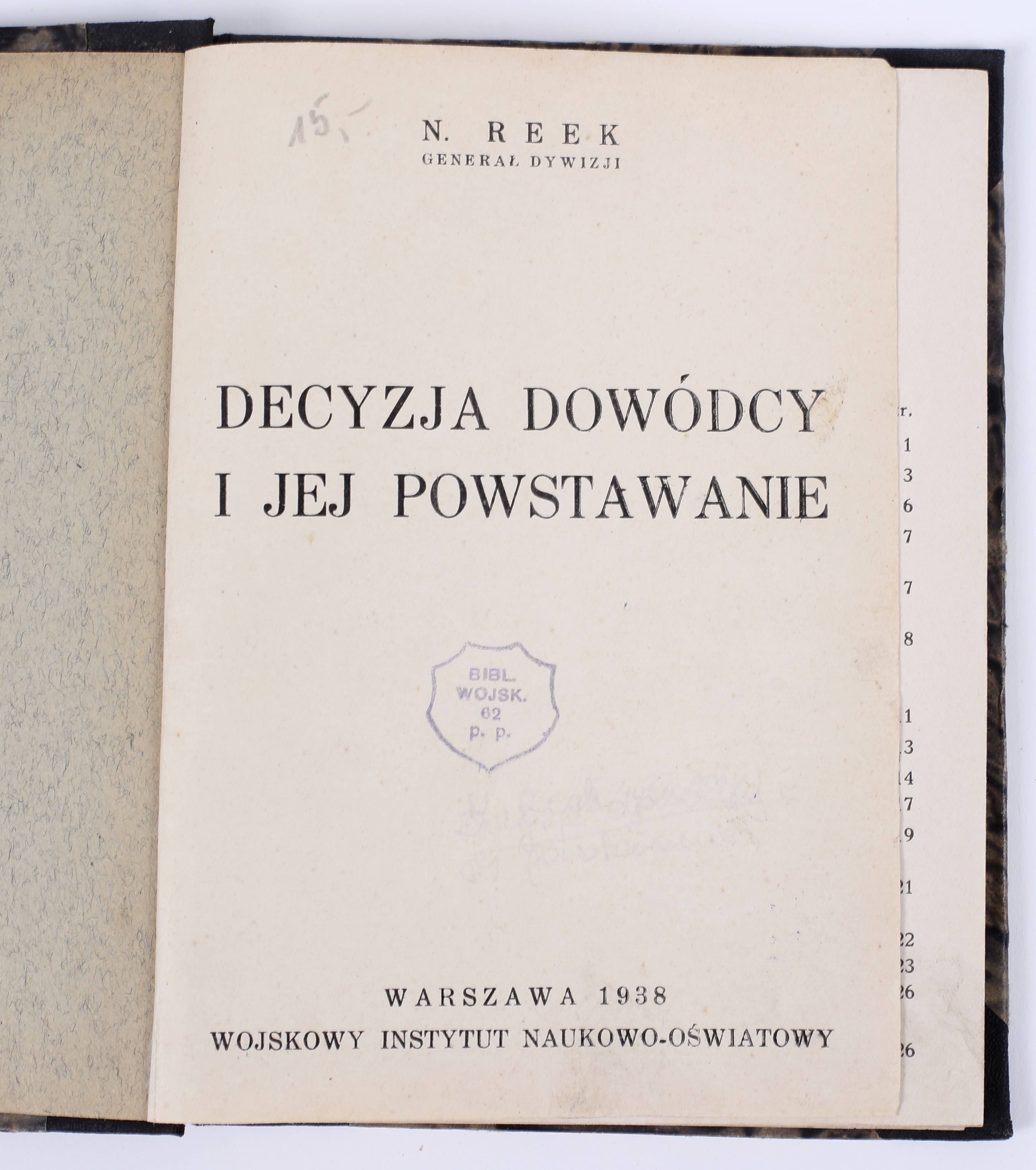 REEK Nikolai - Decyzja dowódcy i jej powstawanie. Warszawa 1938 ...