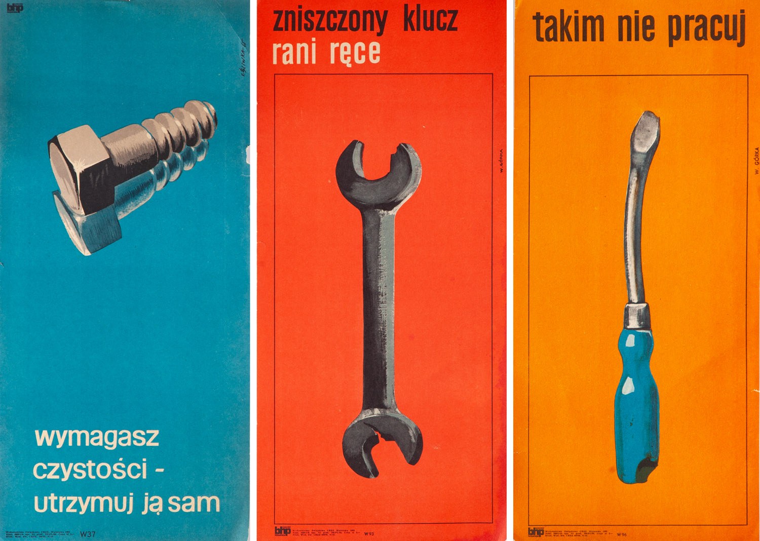 Zestaw trzech plakatów BHP - proj. Wiktor GÓRKA (1922-2004), Karol ... Zestaw trzech plakatów BHP - proj. Wiktor GÓRKA (1922-2004), Karol ...