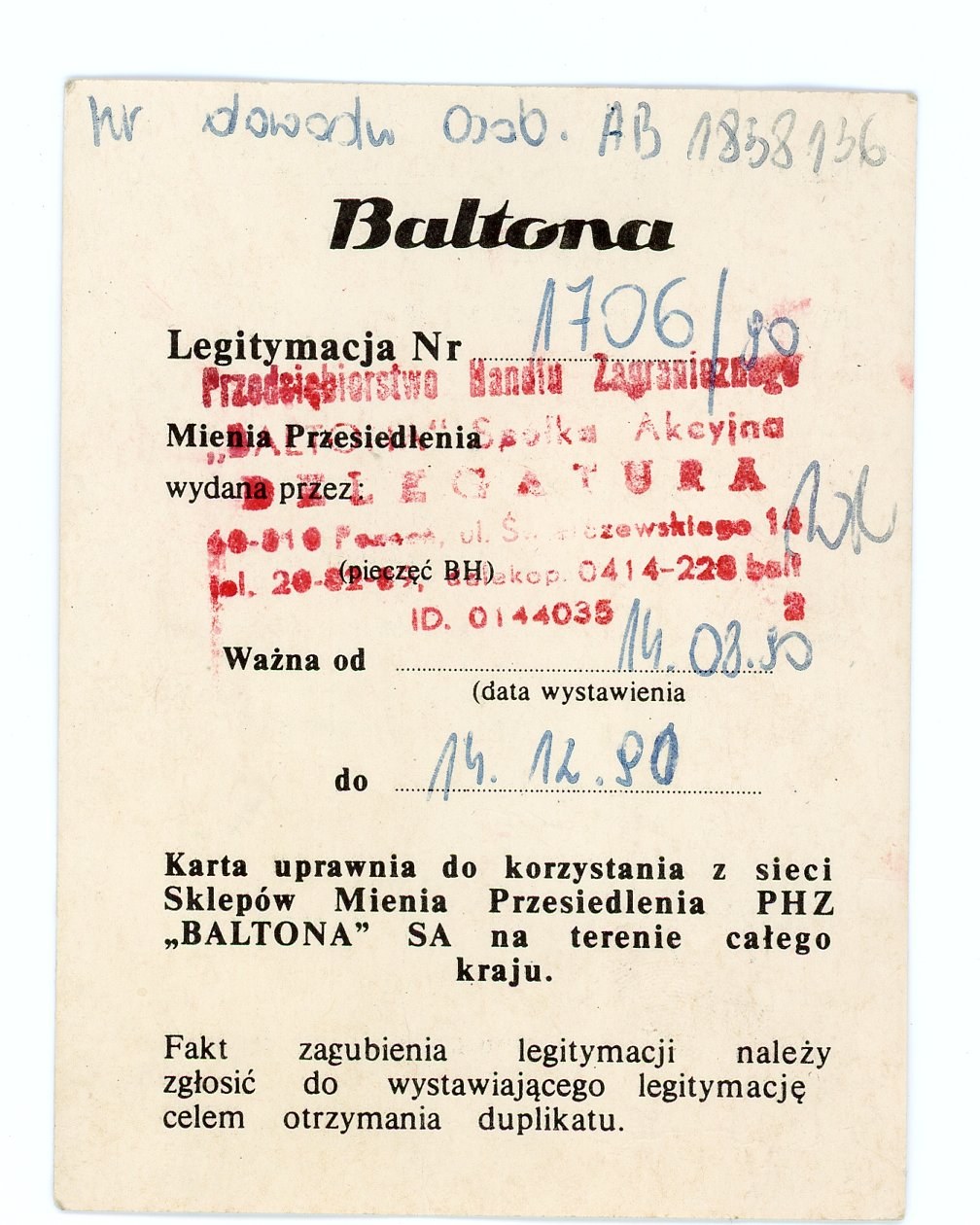 BALTONA legitymacja uprawniająca do zakupów - Aukcja internetowa ...