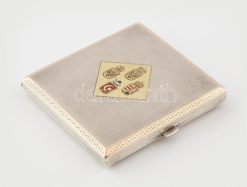 1916 Ezüst cigarettatárca a Központi Hatalmak zománc címereivel, arany ...