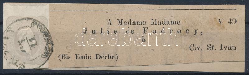 ~1861 Hírlapbélyeg a szomszéd bélyeg darabjával vágva címszalag darabon ...