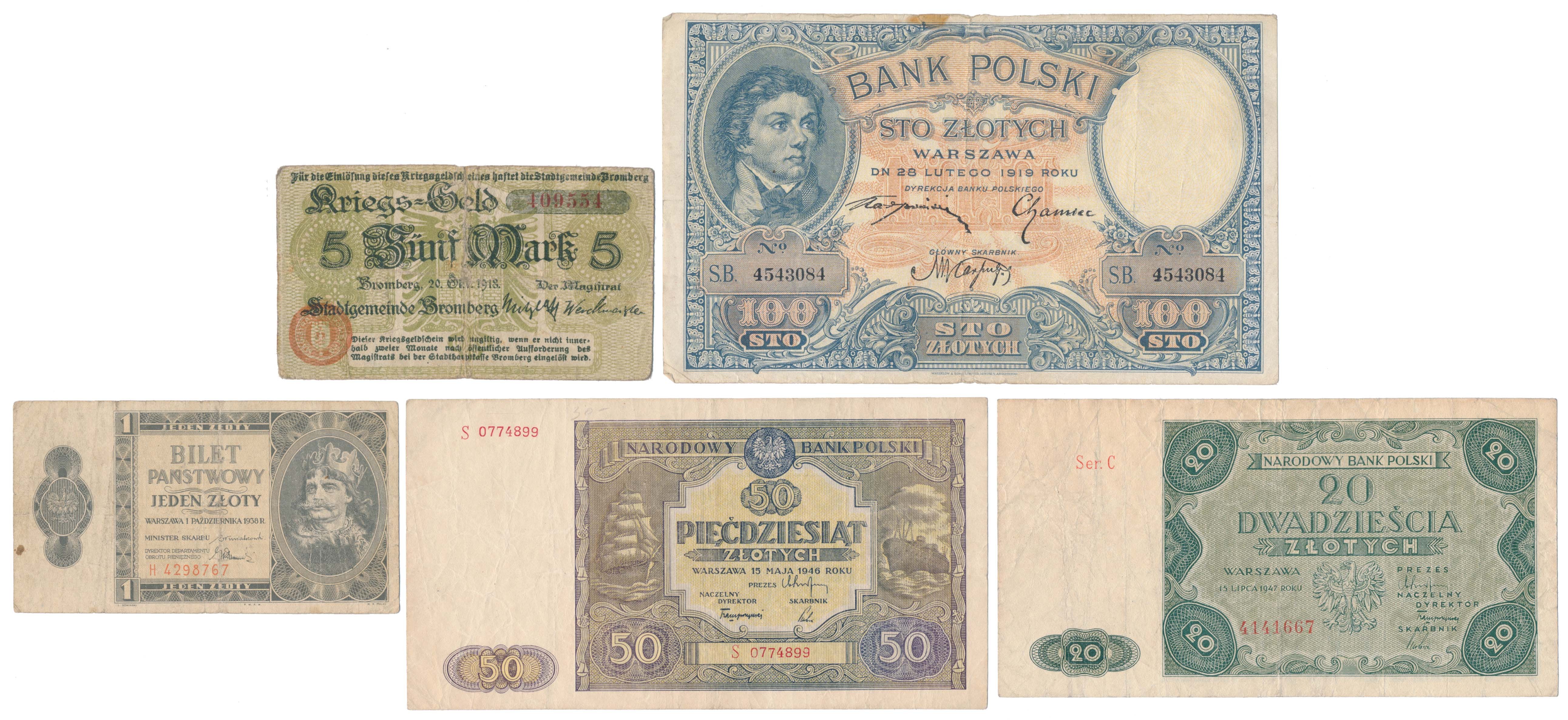 Set of banknotes 1919-1947 + Bydgoszcz 5 mk 1918 (4pcs) - Online ...