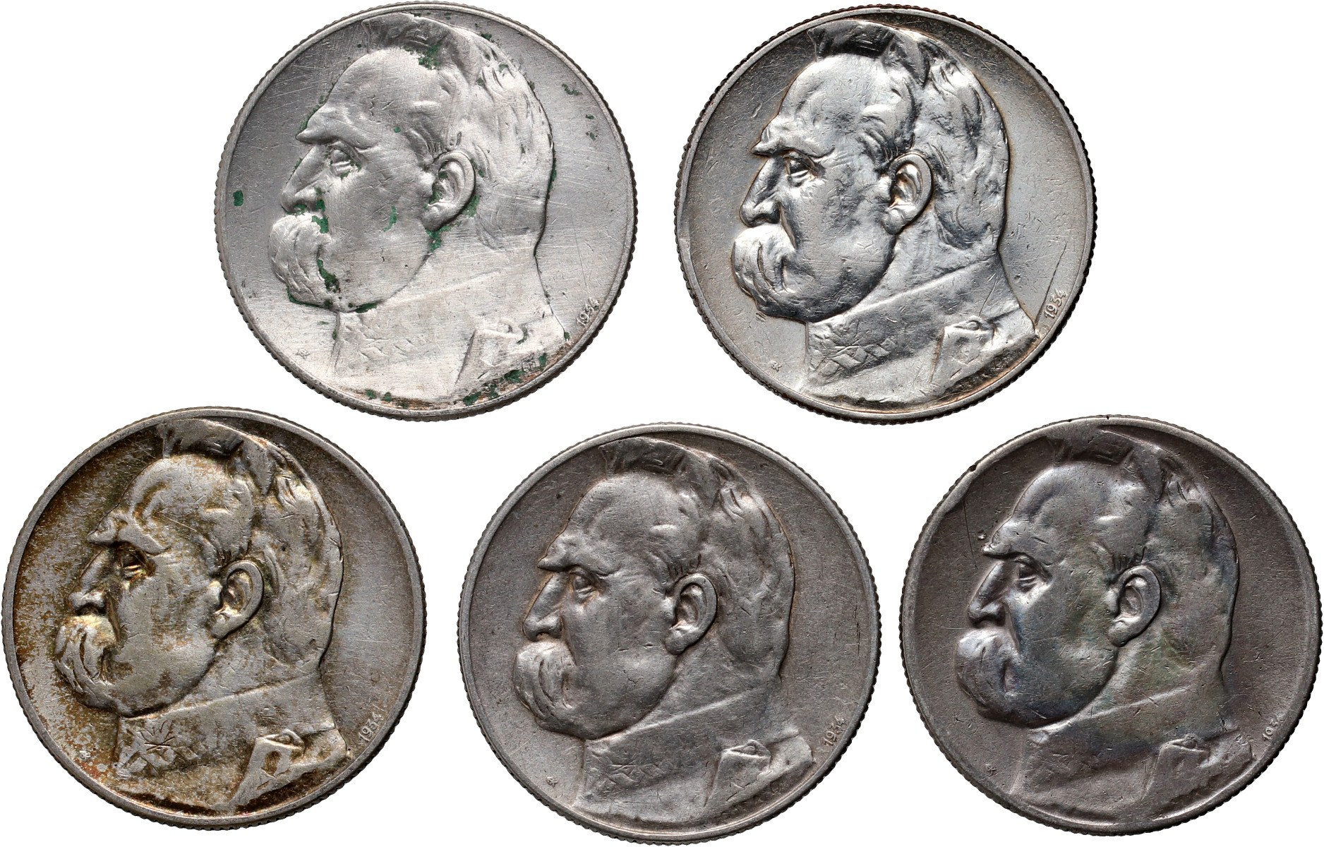 II RP, set, 5 x 5 gold 1934, Warsaw, Jozef Pilsudski, Strzelecki Eagle ...