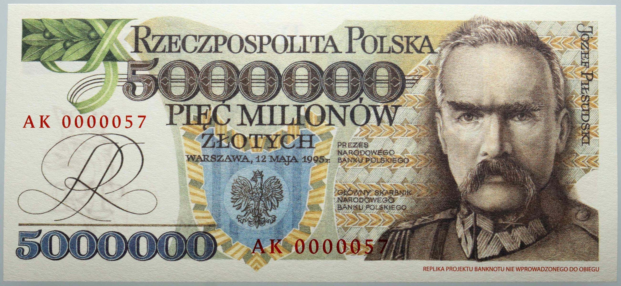 III RP, 5000000 zloty 1995, Jozef Pilsudski, replica of banknote design ...