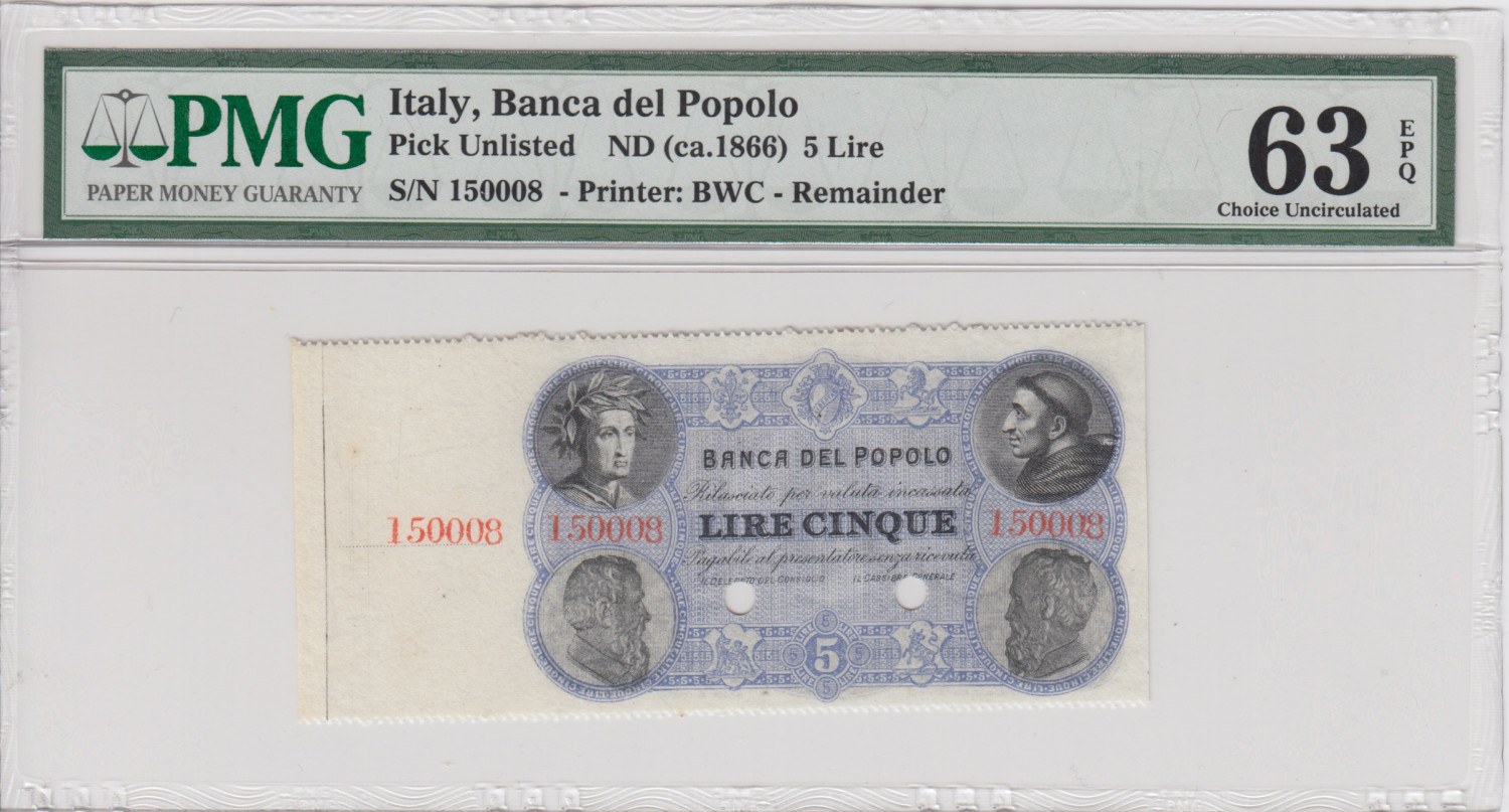 Italy 5 Lire ND (ca. 1866) - PMG 63 EPQ Choice Uncirculated - Online ...