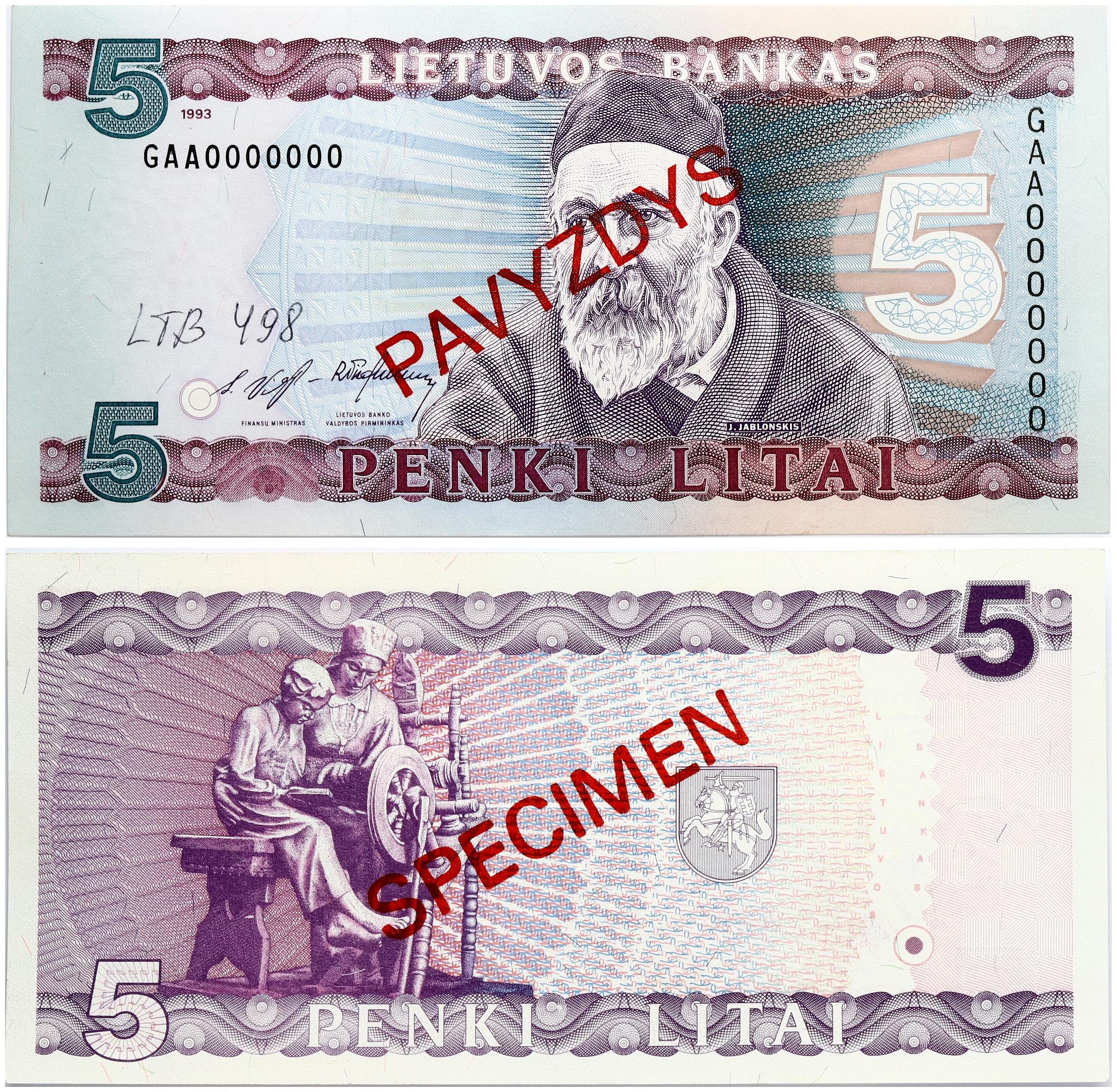 Lithuania 5 Litai 1993 Jonas Jablonskis Banknote PAVYZDYS- SPECIMEN ...