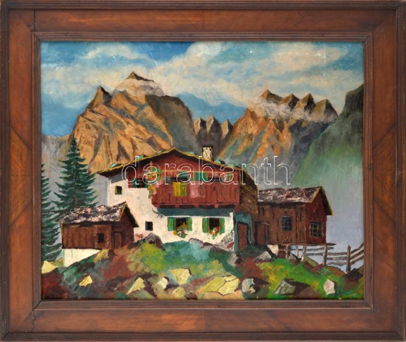Jelzés nélkül: Alpesi táj. Olaj, farost. Dekoratív fakeretben. 56x69 cm ... Jelzés nélkül: Alpesi táj. Olaj, farost. Dekoratív fakeretben. 56x69 cm ...