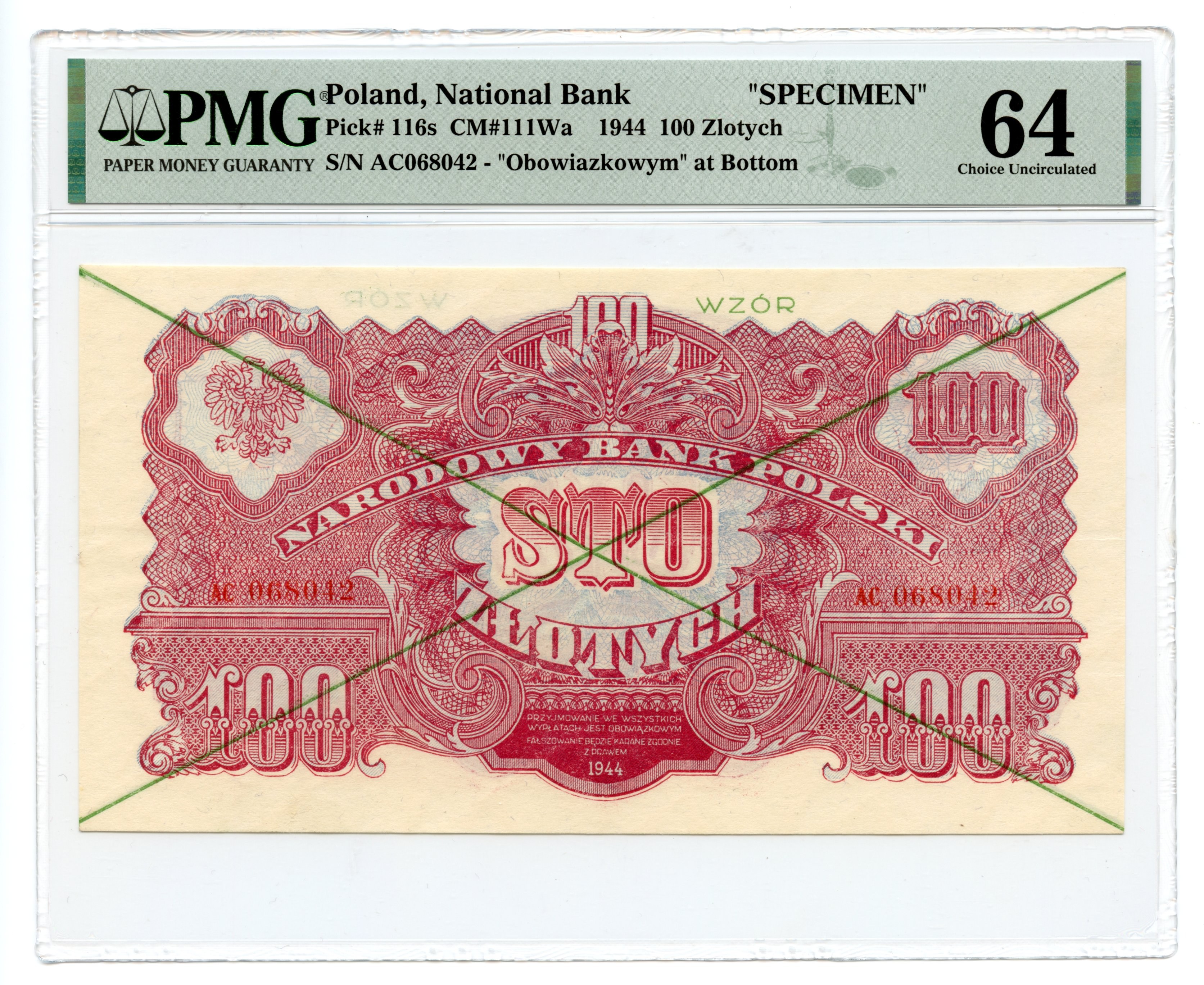 100 złotych 1944 ...owym - WZÓR - seria AC - PMG 64 - Aukcja ...