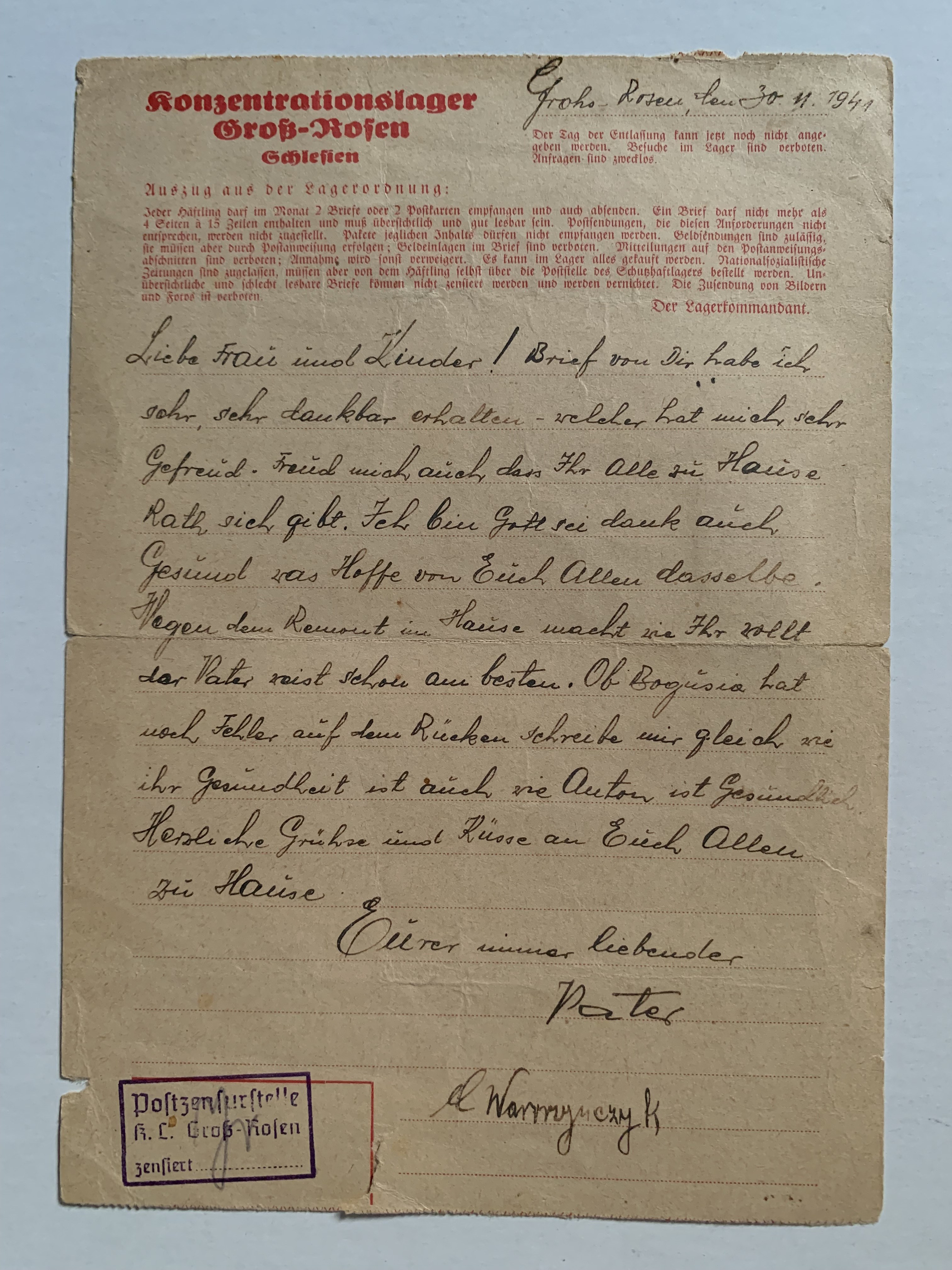 List. Obóz Koncentracyny Gross Rosen [1941] - Aukcja internetowa ...