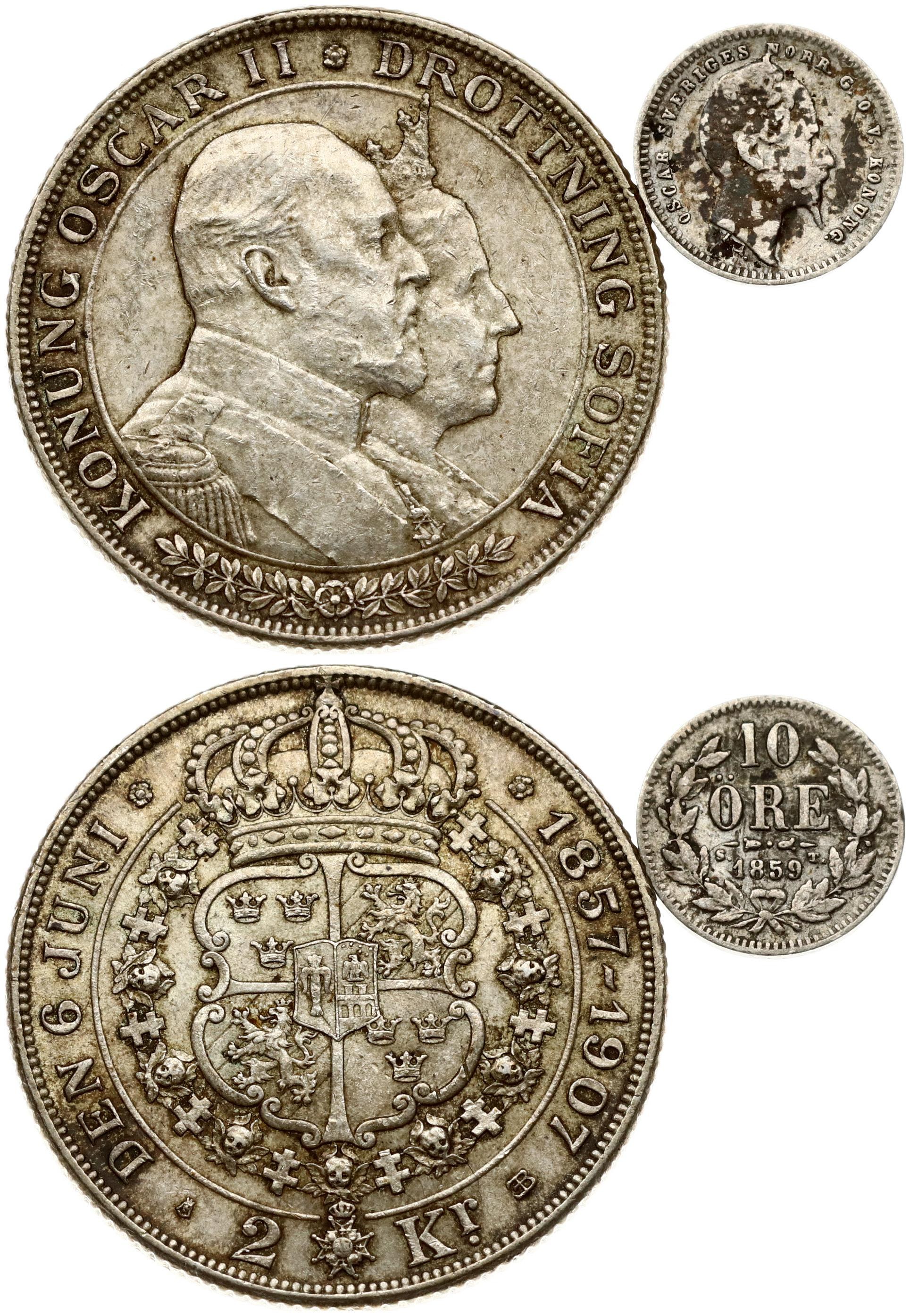 Sweden 10 Öre 1858 ST & 2 Kronor 1907 Golden Wedding Lot of 2 Coins - Aukcja internetowa ...