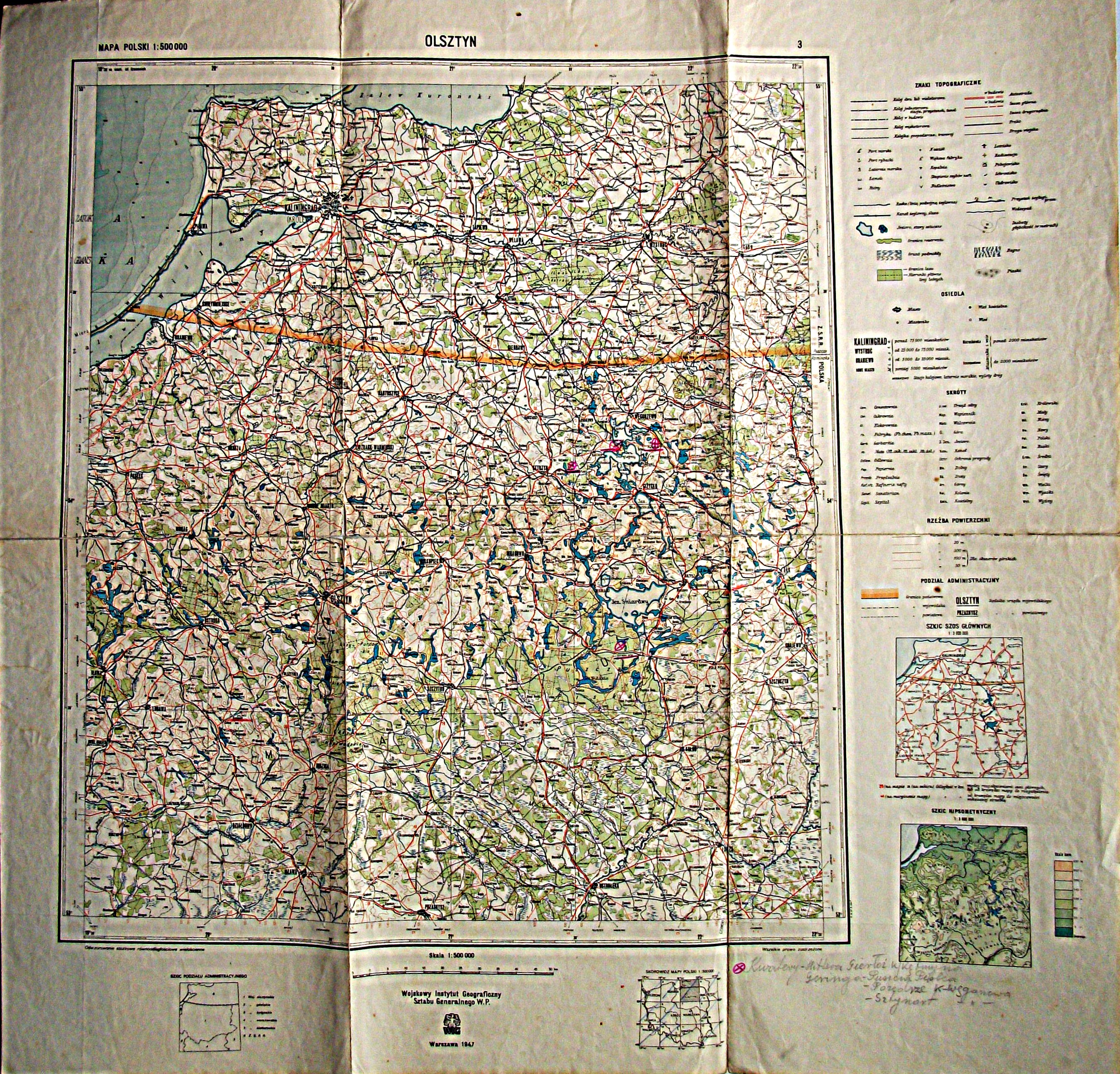 OLSZTYN. Maps of Poland 1 : 500,000 [Sheet] 3. W-wa 1947. format 59/57 ...