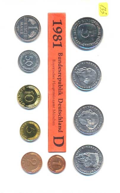 Německo - BRD (1949-), Ročníková sada mincí 1981 minc. D (1, 2, 5, 10, 50 Pf., 1, 5, - Aukcja ...