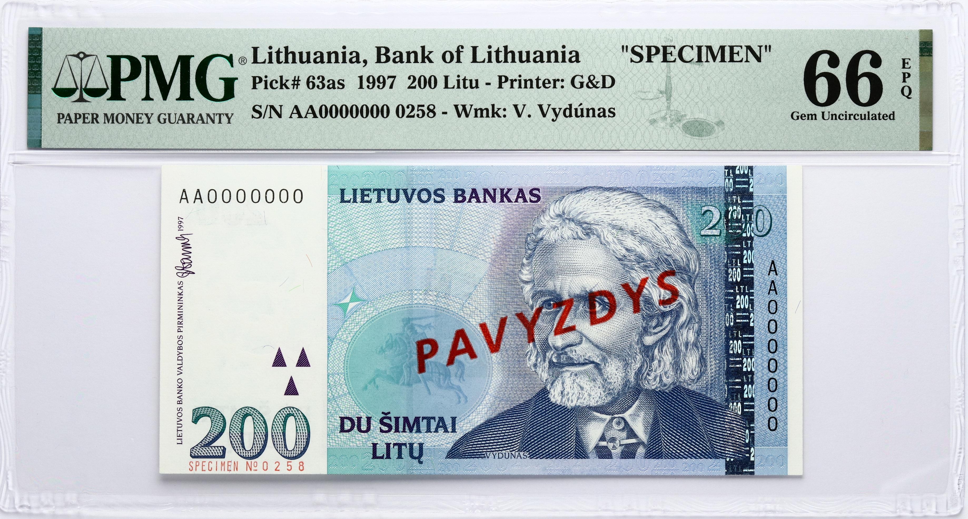 Lithuania 200 Litu 1997 Vydunas PAVYZDYS/SPECIMEN PMG 66 Gem Uncirculated EPQ - Aukcja ...