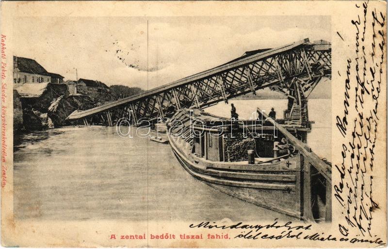 1902 Zenta, Senta; Bedőlt tiszai fahíd, halászbárka. Fekete Sándor ...