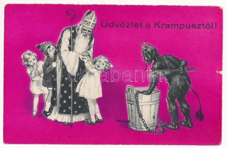 1933 Üdvözlet a Krampusztól! Mikulás és gyerekek / Saint Nicholas ...