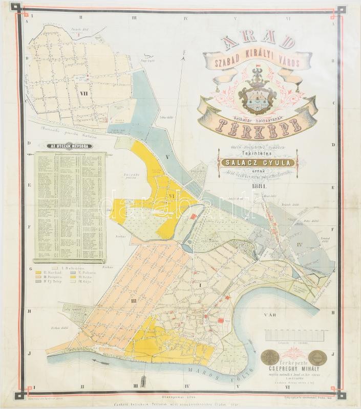 1881 Arad szabad királyi város belhatár hálózatának térképe, ajánlva ...