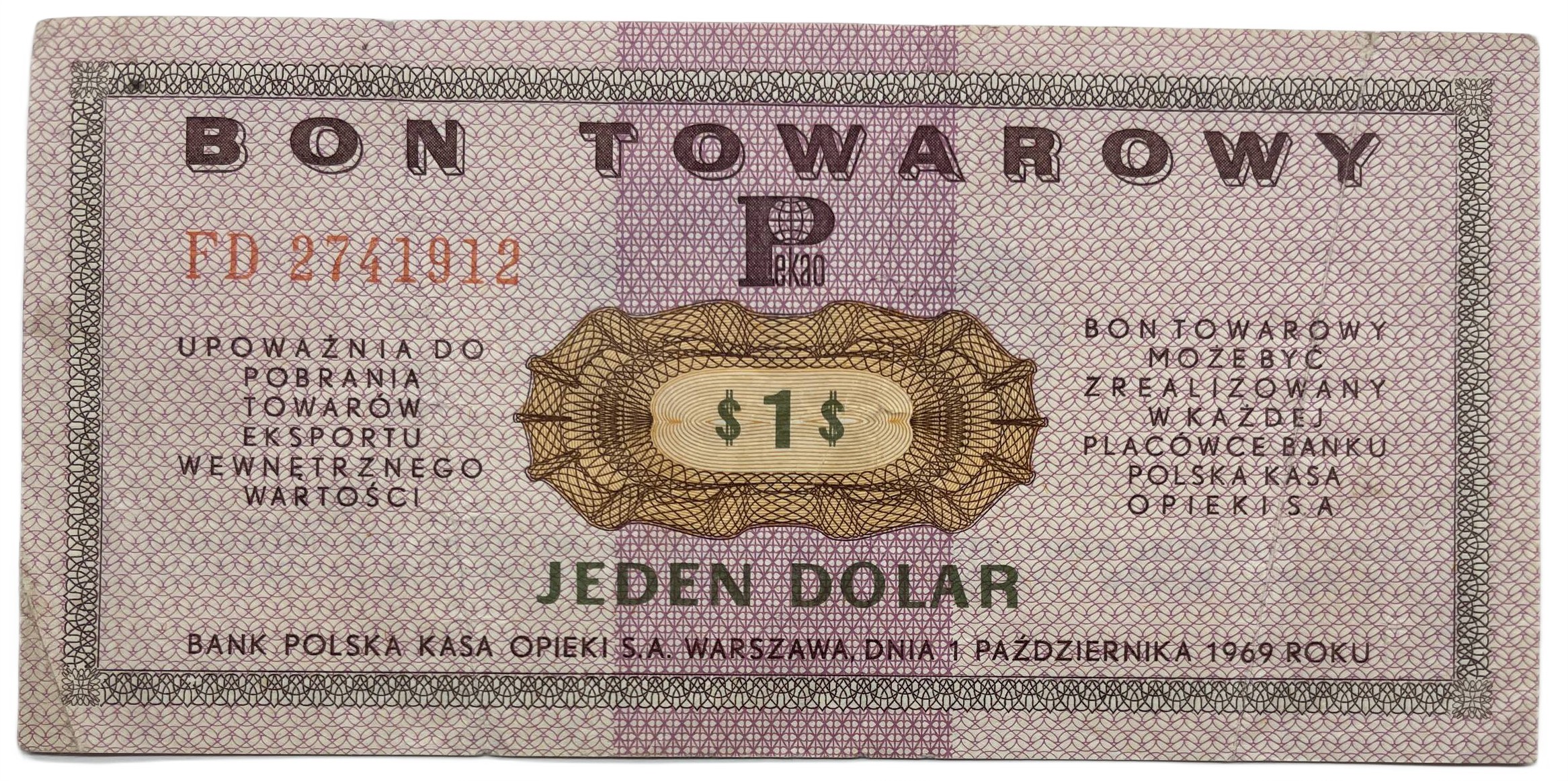 PEWEX BON TOWAROWY 1 DOLAR 1969 - Aukcja internetowa / Licytacja online ...