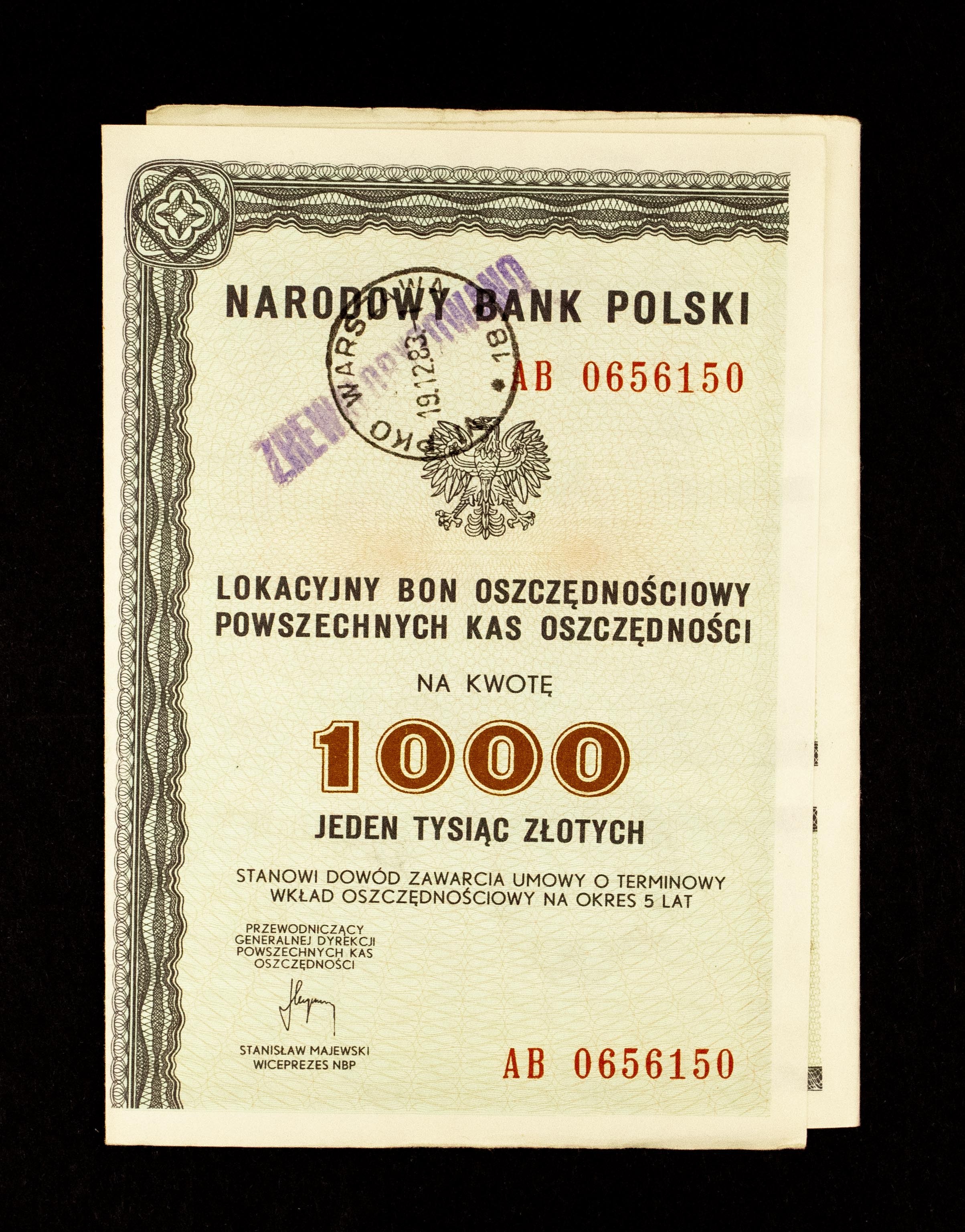 PRL, NBP, PKO, Lokacyjny Bon Oszczędnościowy na 1000 złotych Warszawa ...